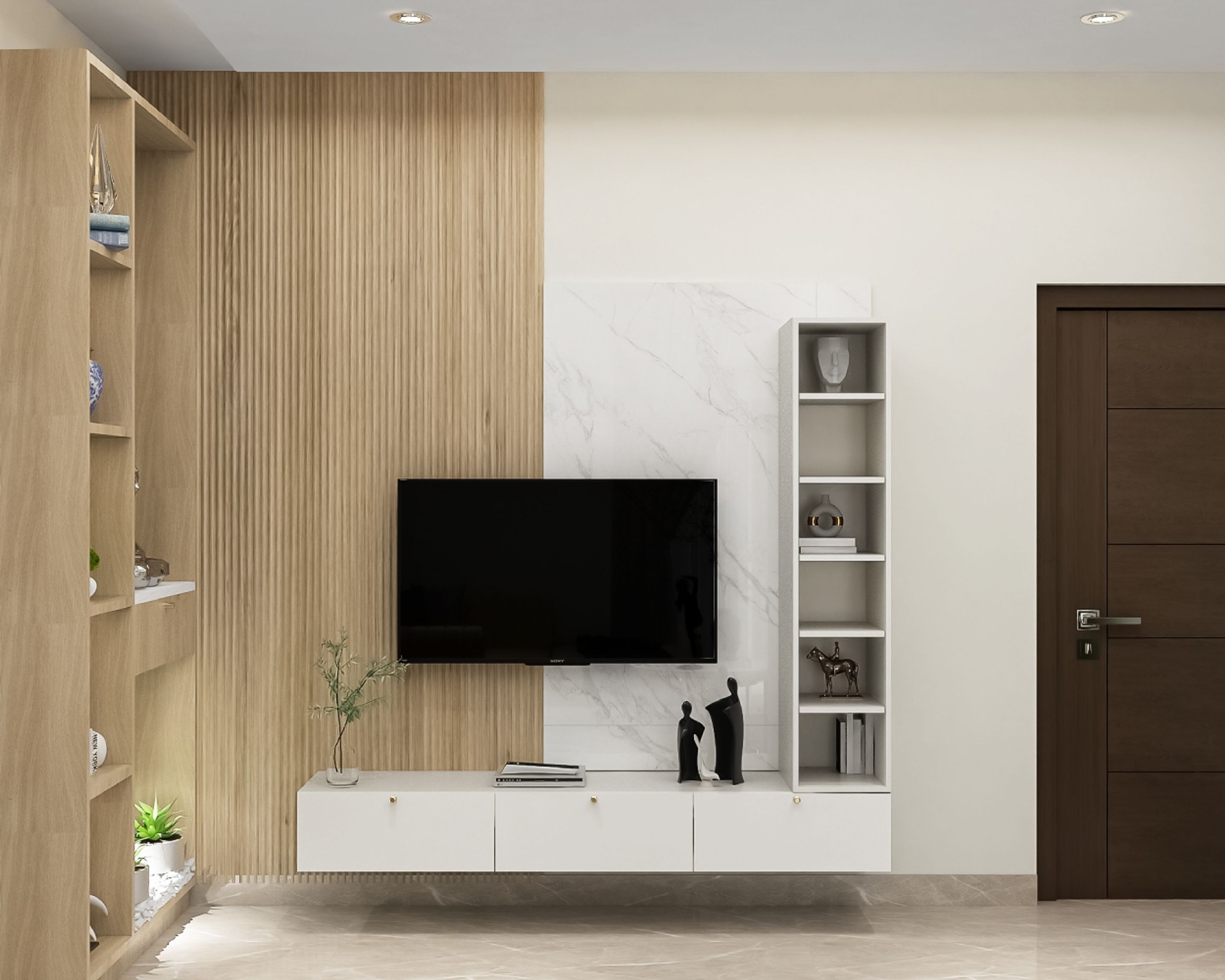 Spacious Wall-Mounted TV Unit Design With Wooden Shelf Unit | Livspace