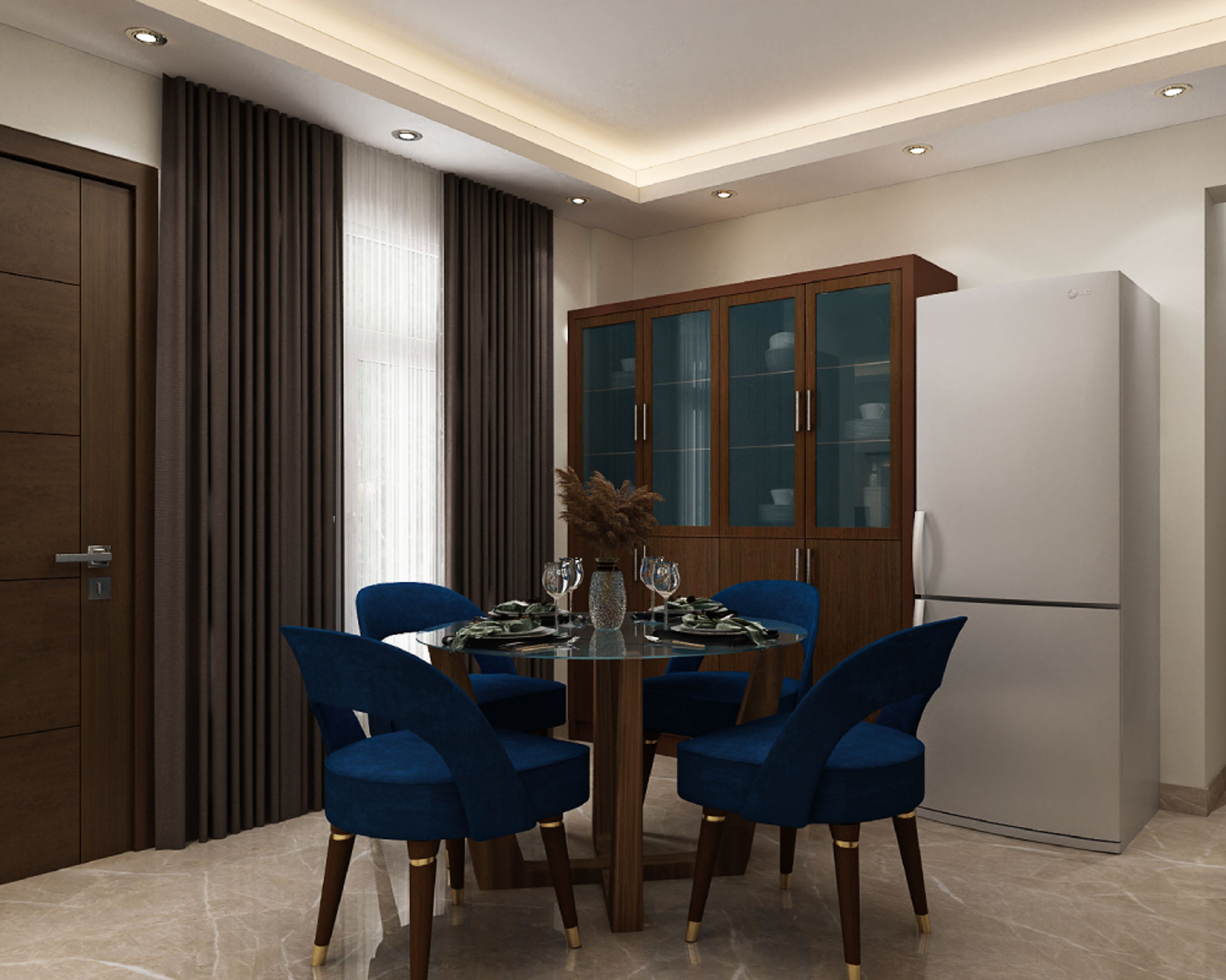 Compact 4-Seater Dining Room Design With Wooden Crockery Unit | Livspace