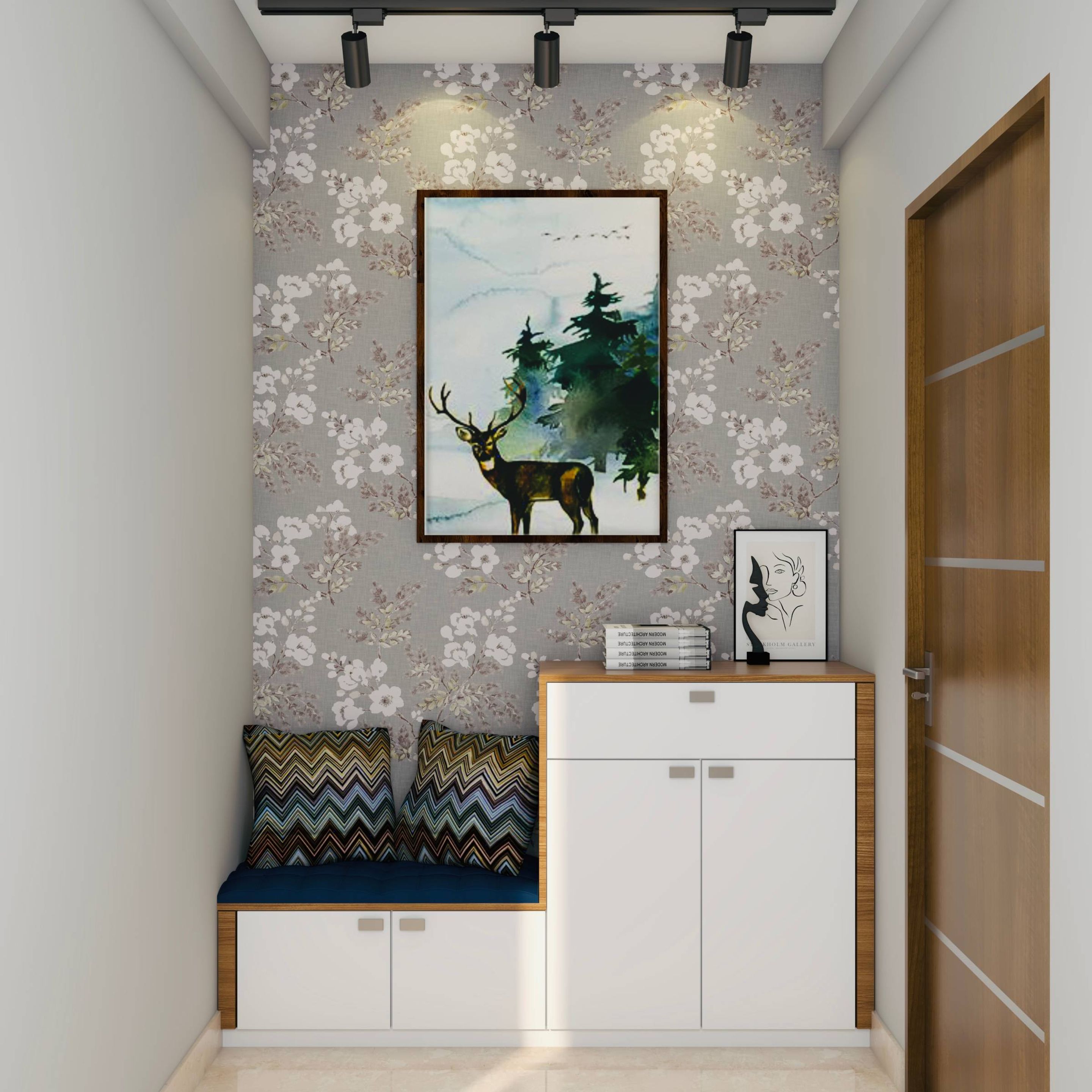 Modern Foyer Design with Grey Patterned Backdrop and White Storage Unit ...