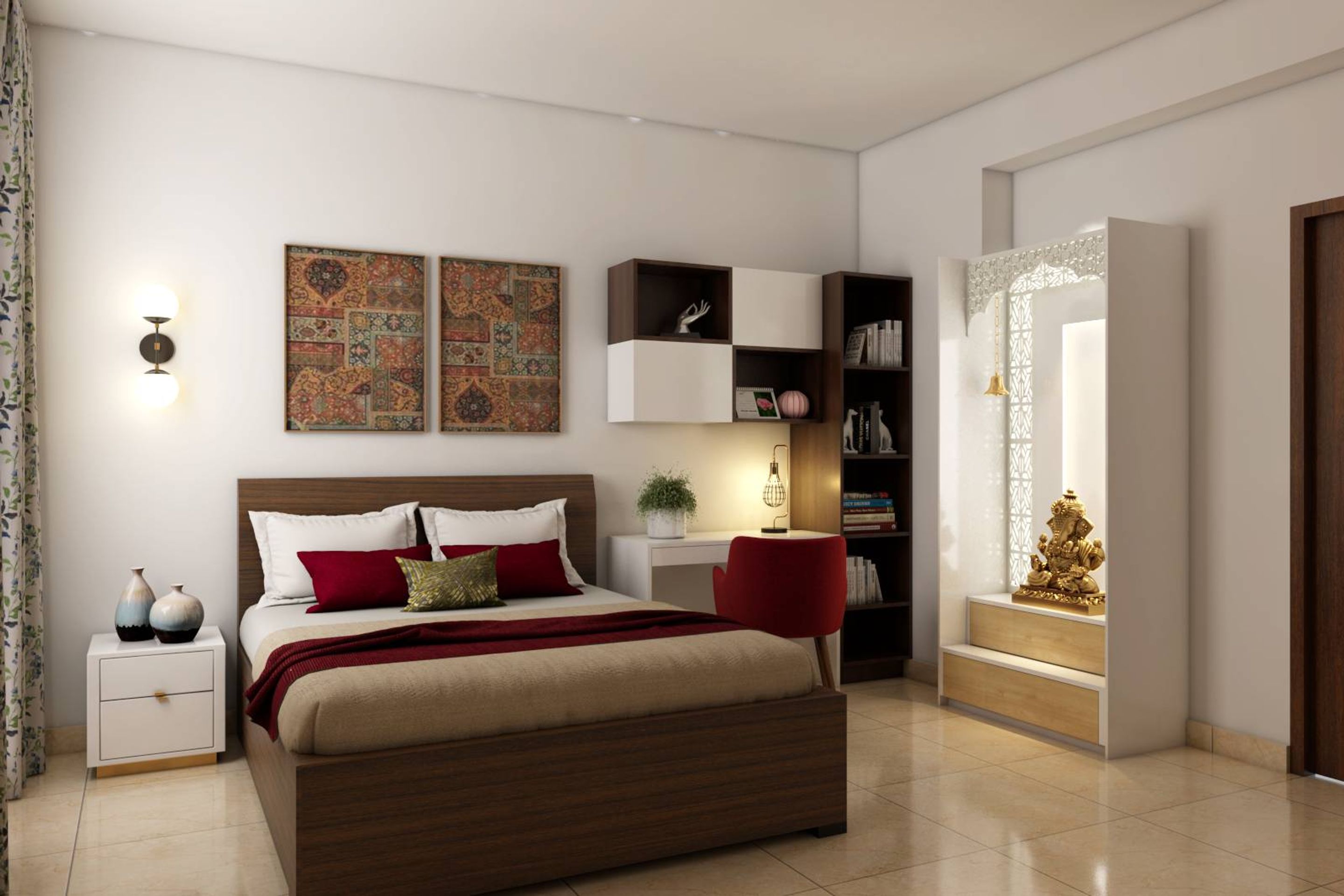 Contemporary Multifunctional Guest Bedroom Design With Pooja Space ...