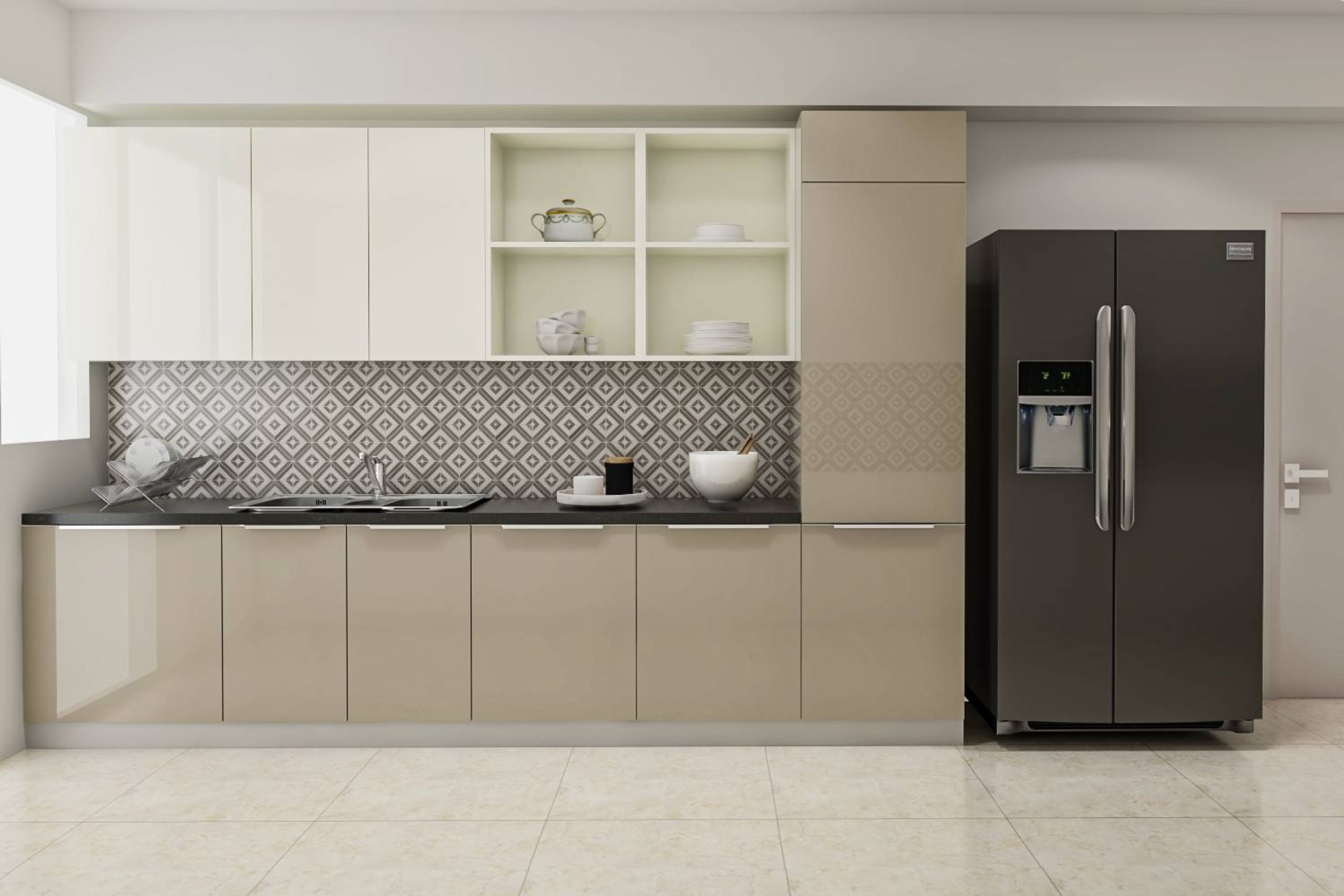 Spacious Parallel Kitchen Design With Creamy White And Beige Cabinets | Livspace