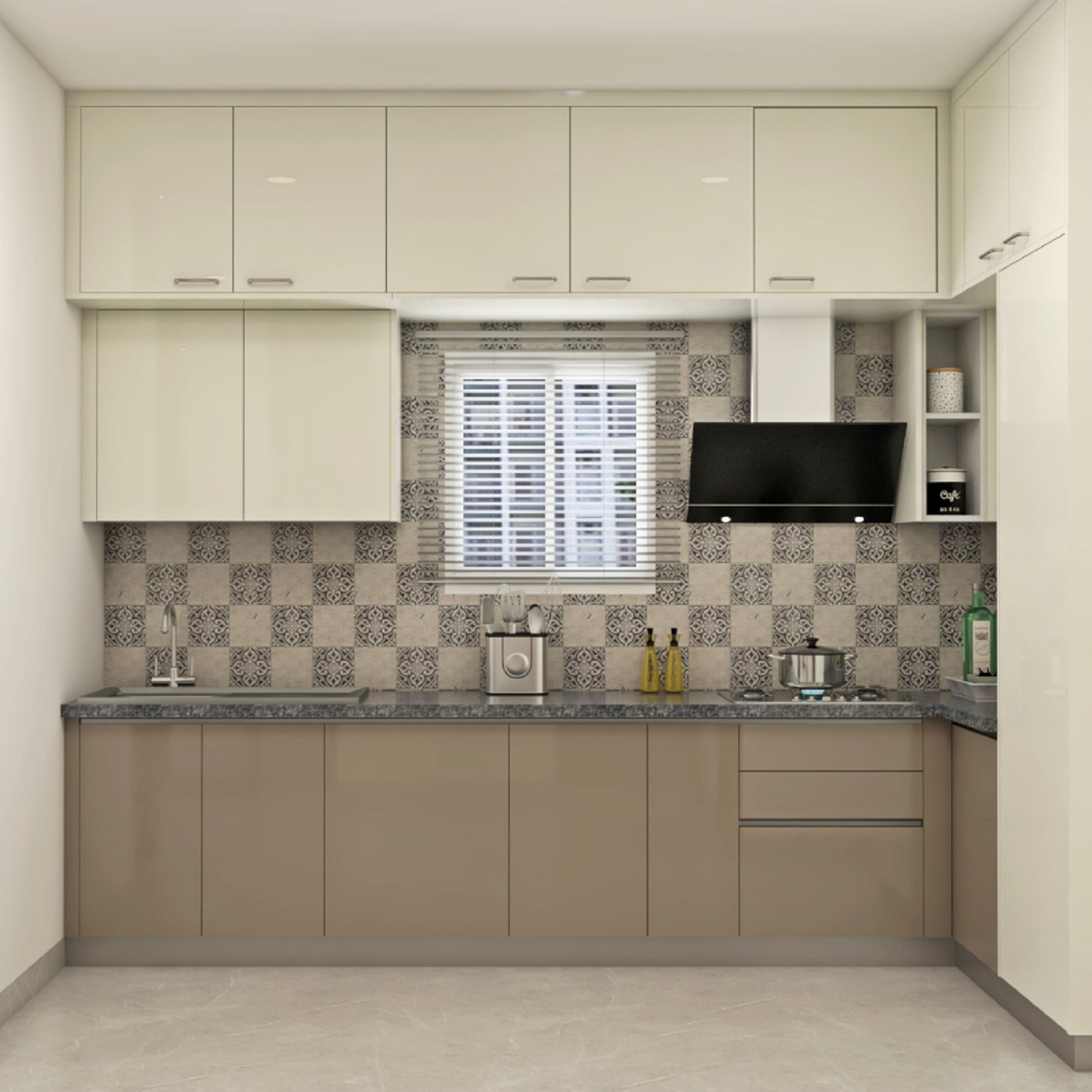 Compact L-Shaped Kitchen Design With Open Units | Livspace