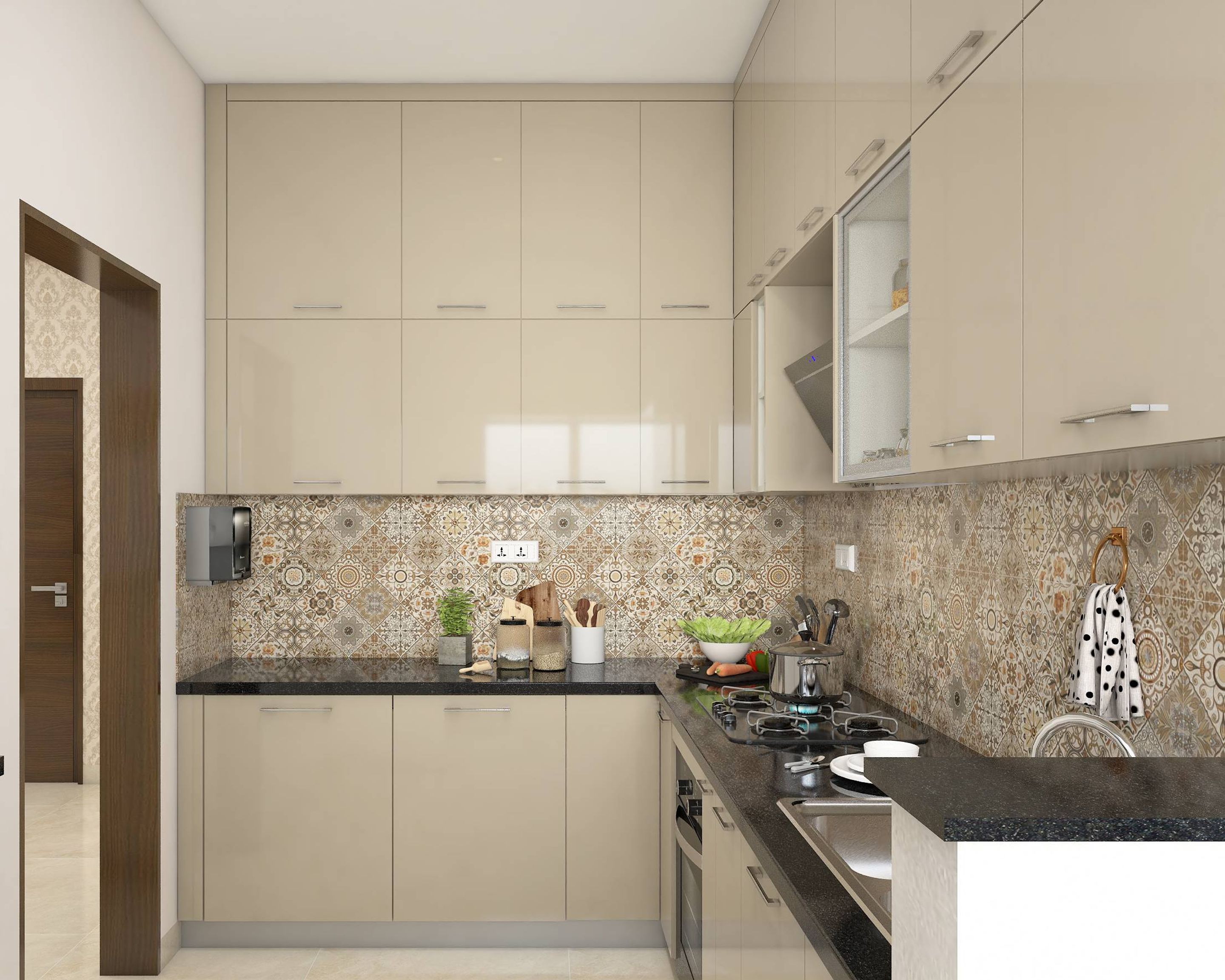 Max Convenience Glossy Beige Kitchen Design With Ceiling Touch Cabinets ...