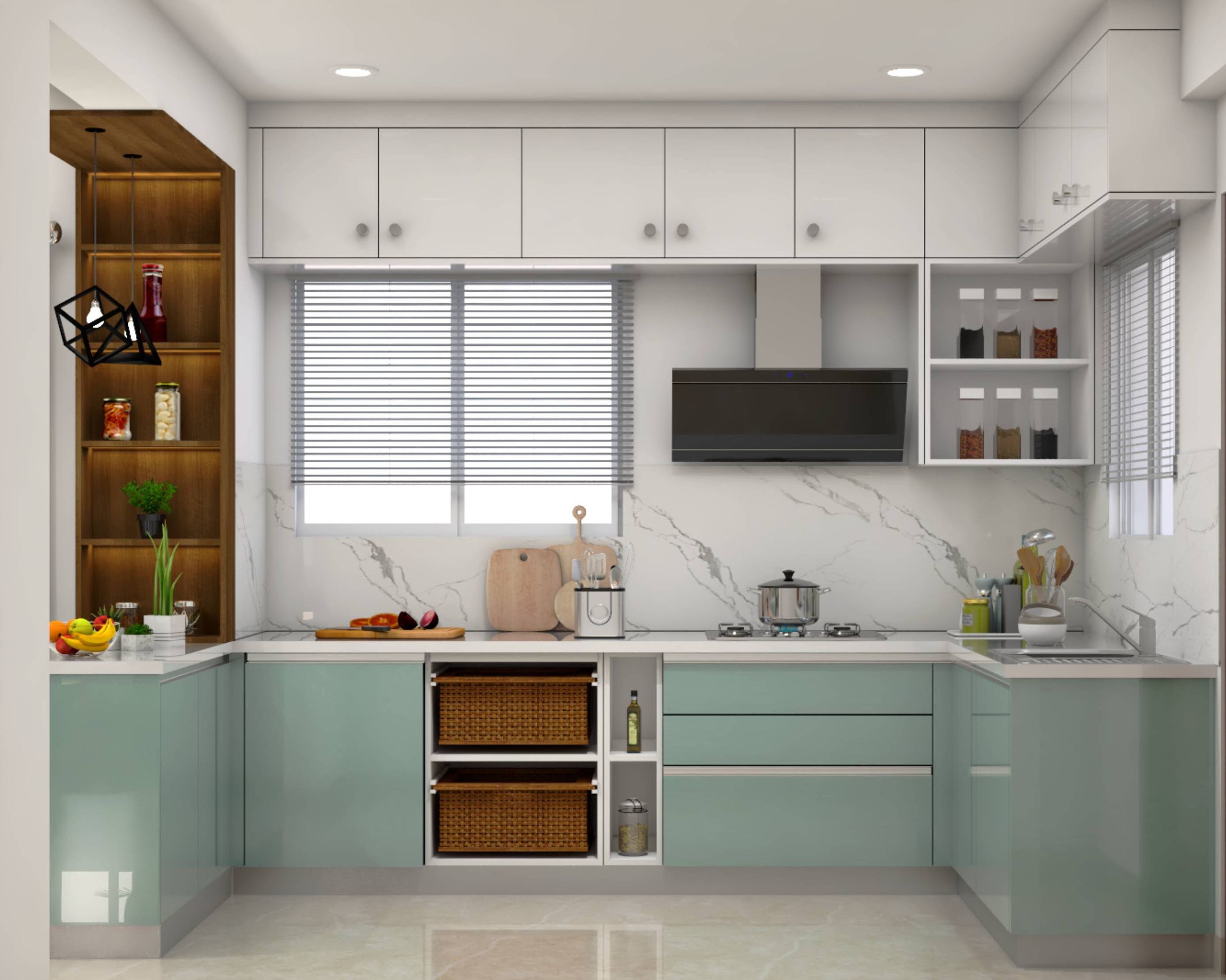 Modern U-Shaped Kitchen Design With Blue And White Cabinets | Livspace Modern U-Shaped Kitchen Design With Blue And White Cabinets | Livspace