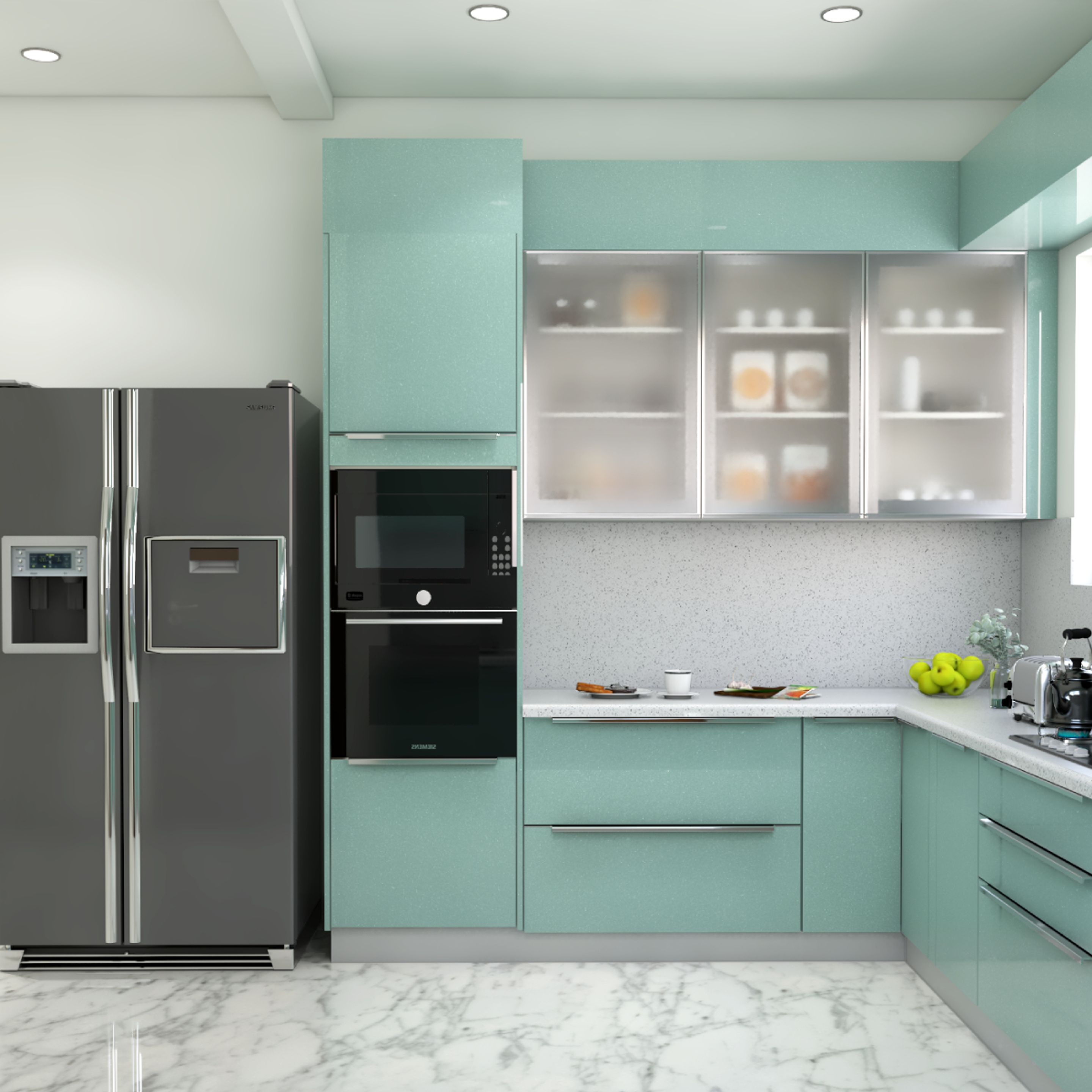 Light Blue Modern Compact U-Shaped Kitchen Design | Livspace