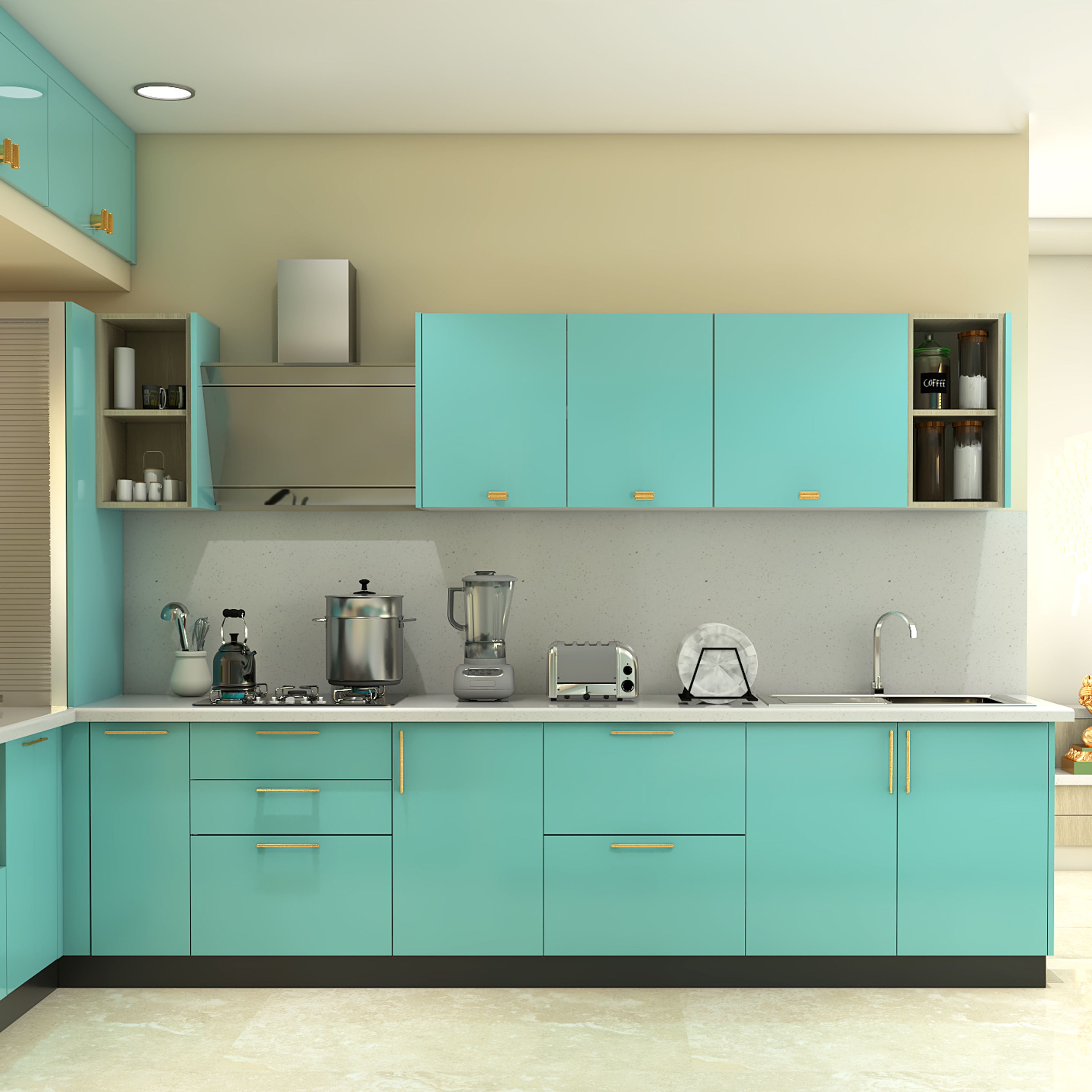 Contemporary Kitchen Design with Aqua-Blue Coloured Cabinets and White Worktop | Livspace
