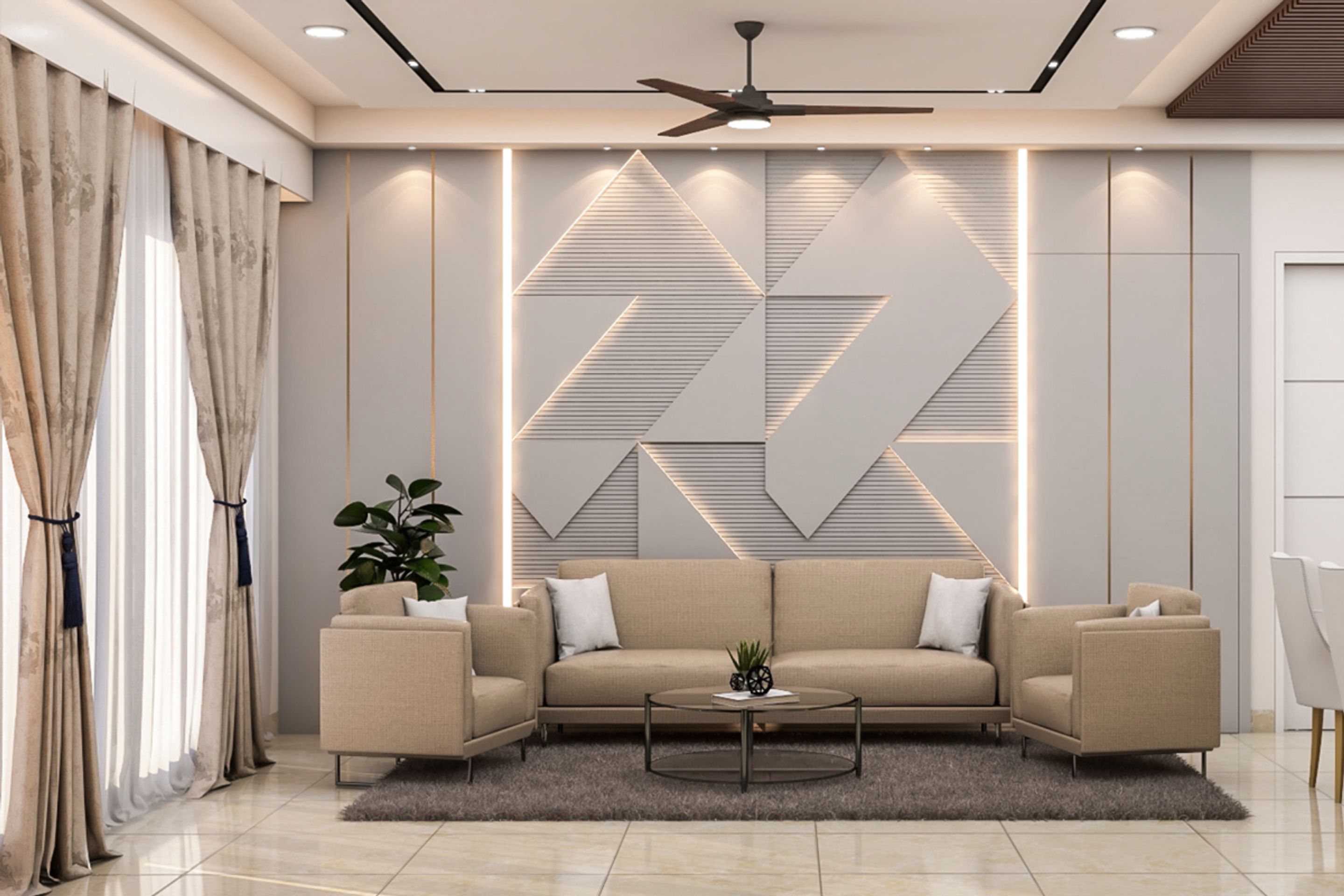 Contemporary Spacious Living Room Design With Unique Accent Wall | Livspace