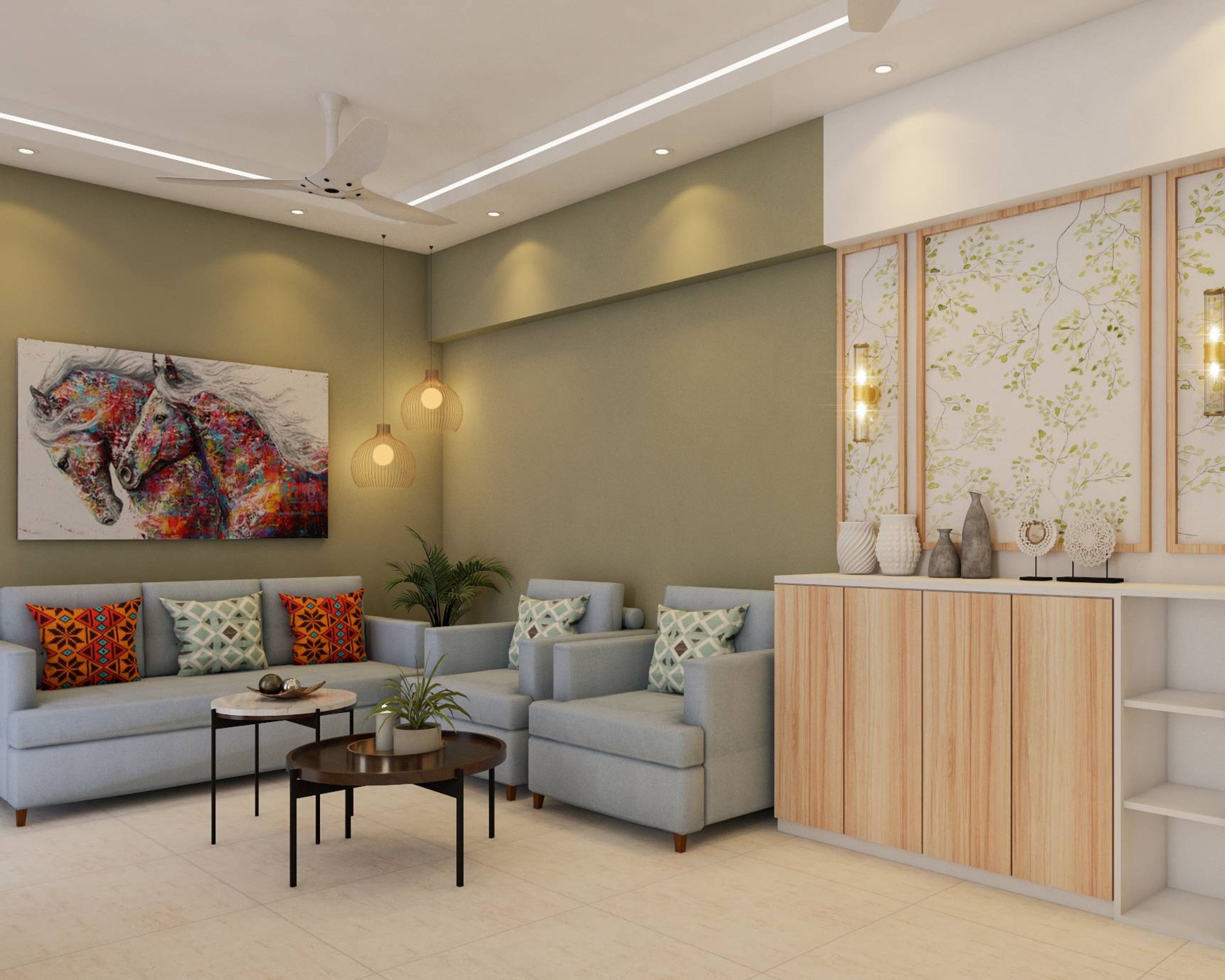 Modern Living Room Design With Olive Green Paint And Grey Sofa | Livspace