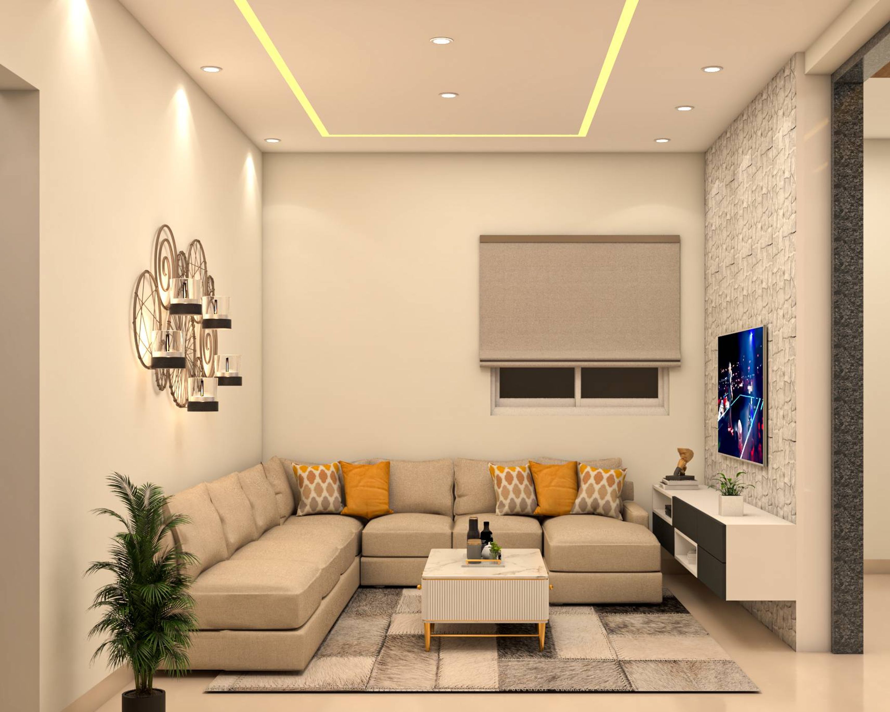 Compact Contemporary Living Room Design with L-Shaped Sofa | Livspace