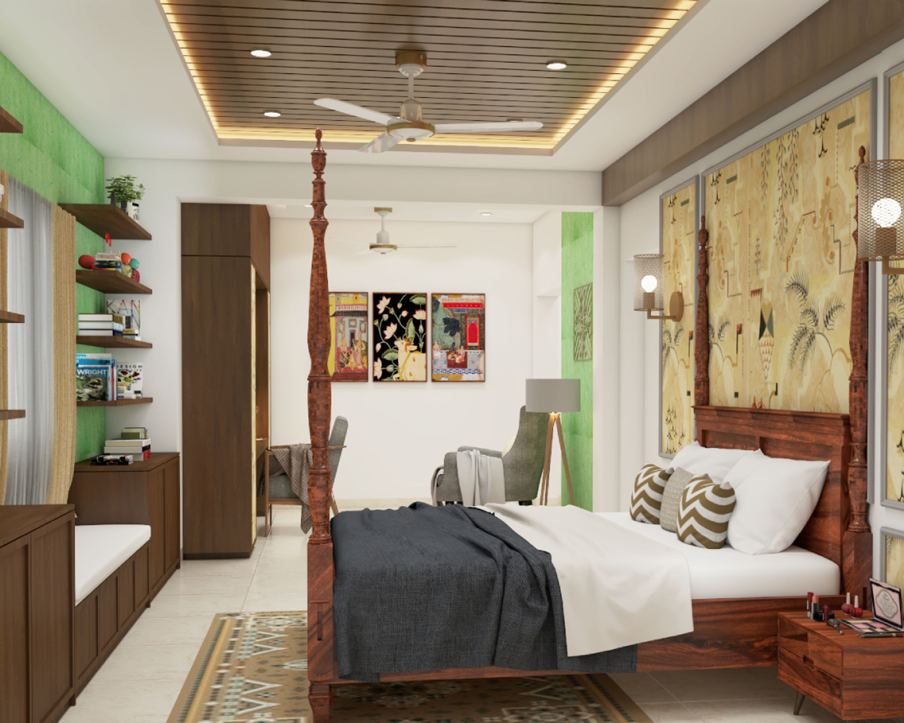 Indian Traditional Spacious Master Bedroom Design With Wall Trims ...