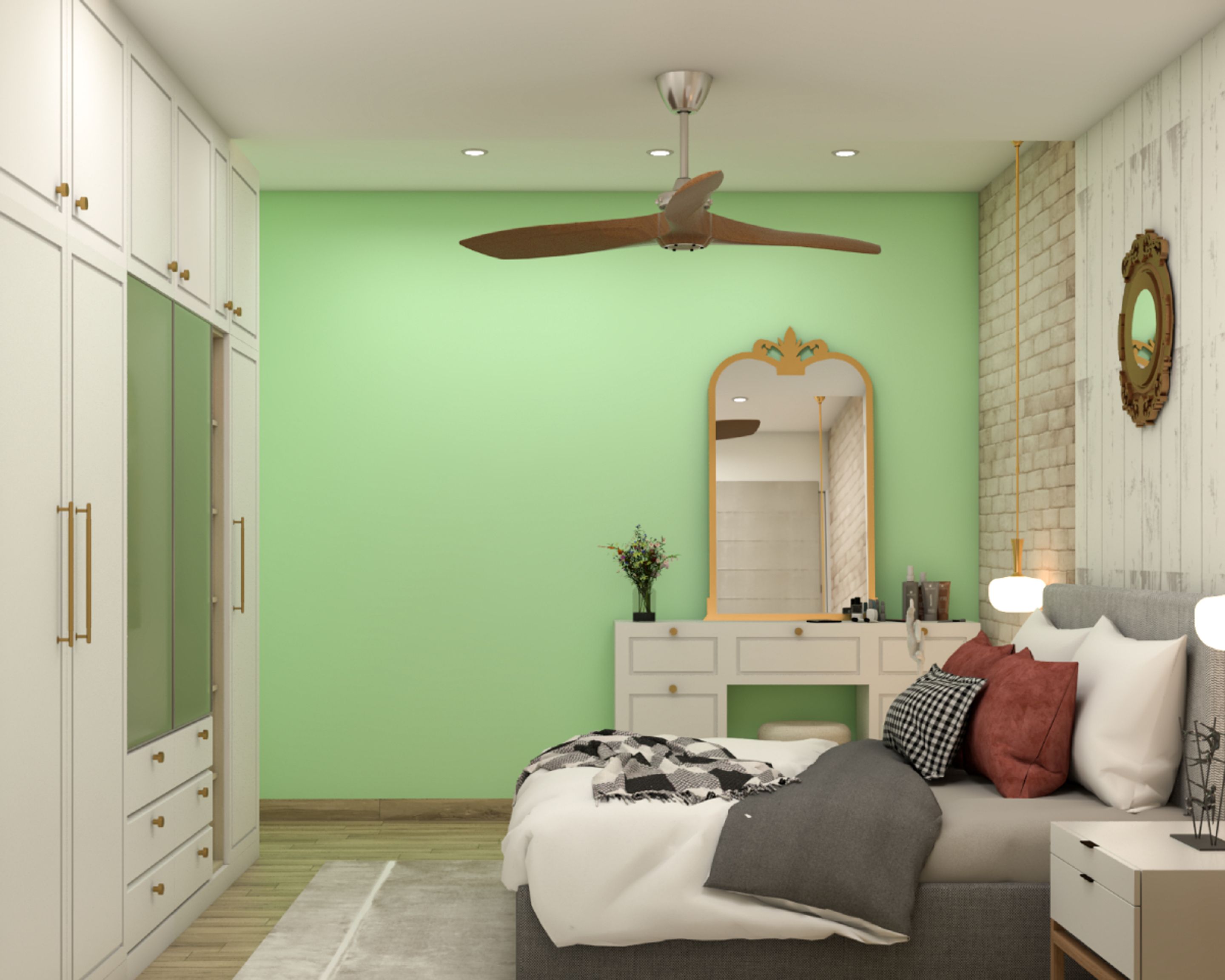 Spacious Master Bedroom Design With Textured Wallpaper | Livspace