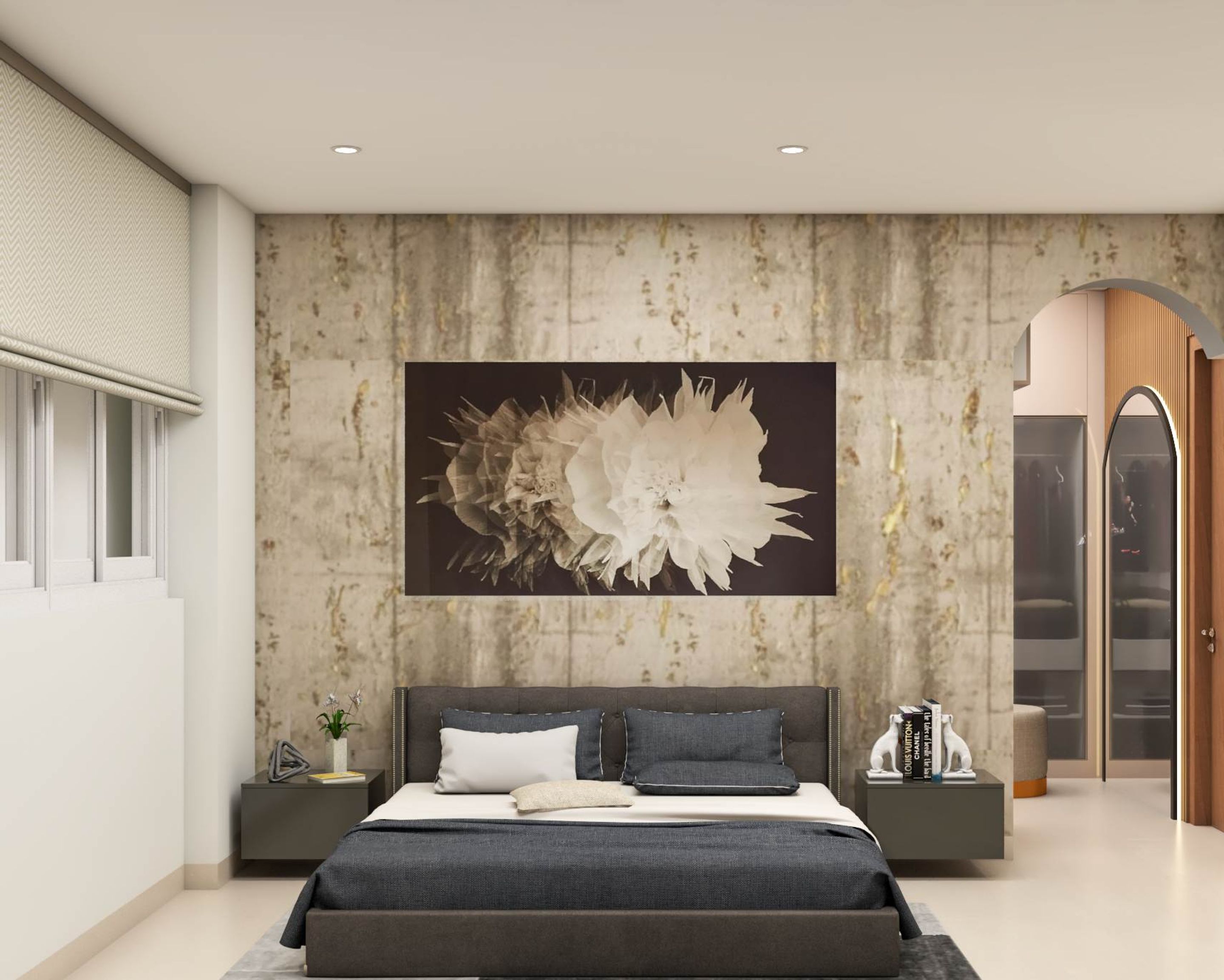 Master Bedroom Design With Black Bedside Unit | Livspace