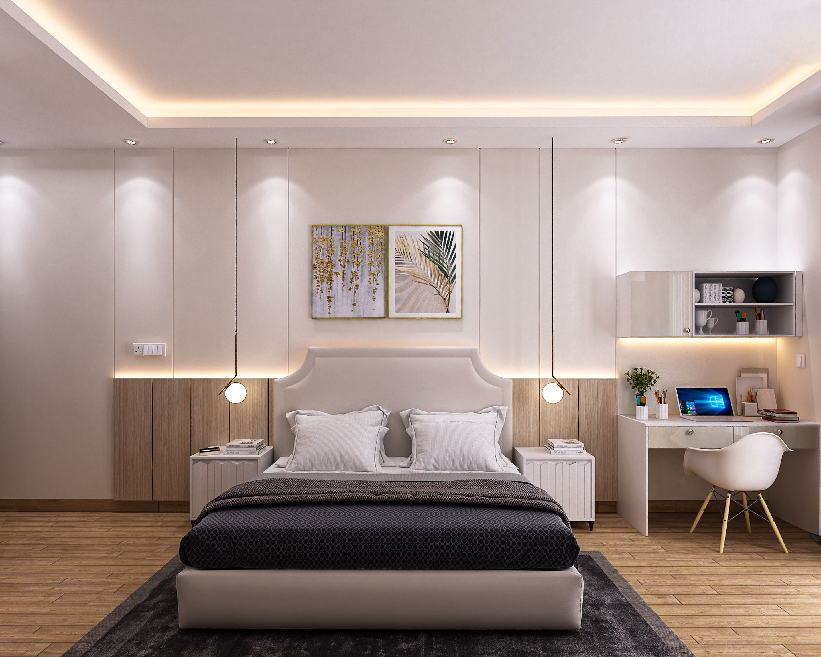 Master Bedroom Design With Wooden Panel And Strip Lights | Livspace
