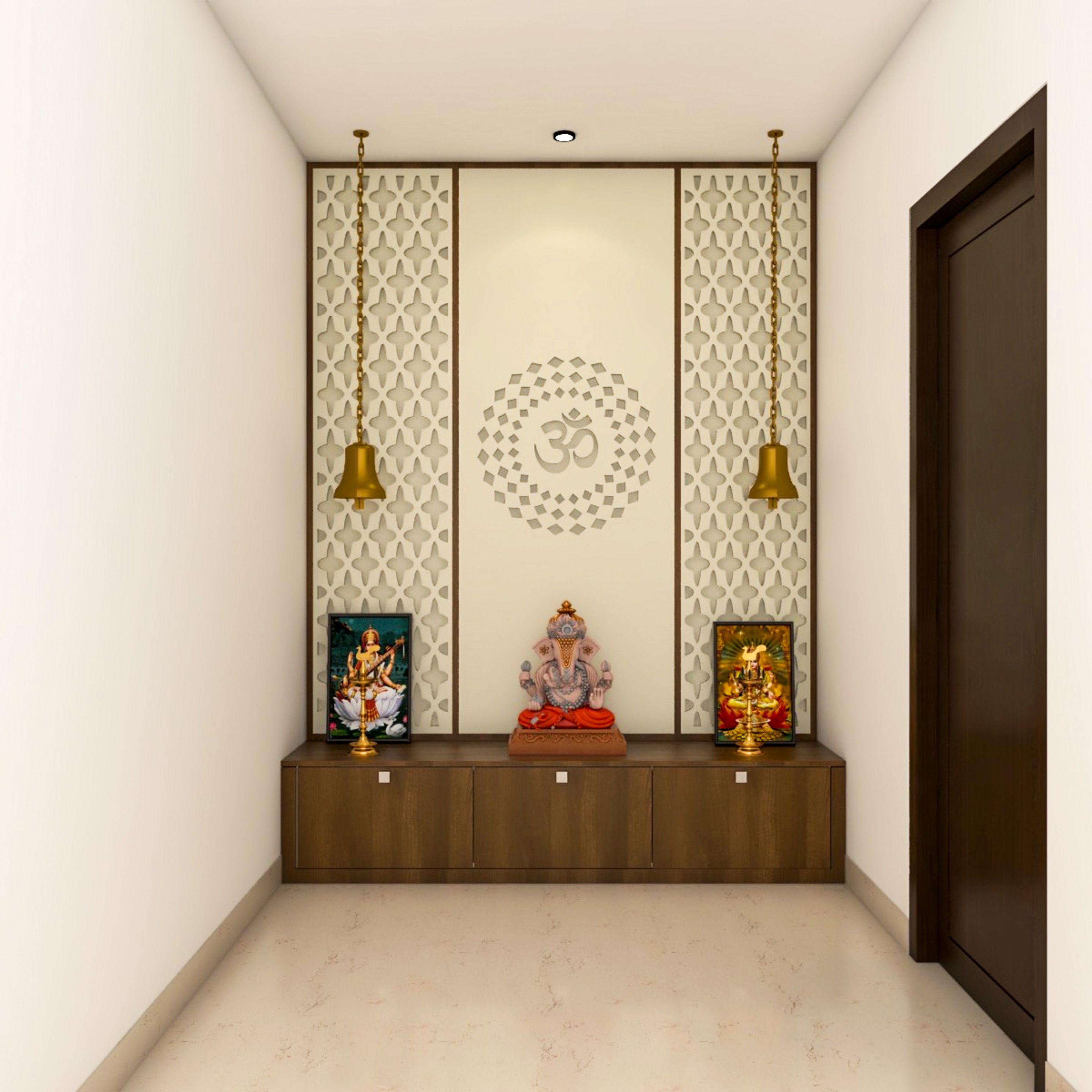 Spacious Pooja Room Design With Jaali Patterns And Hanging Bells | Livspace