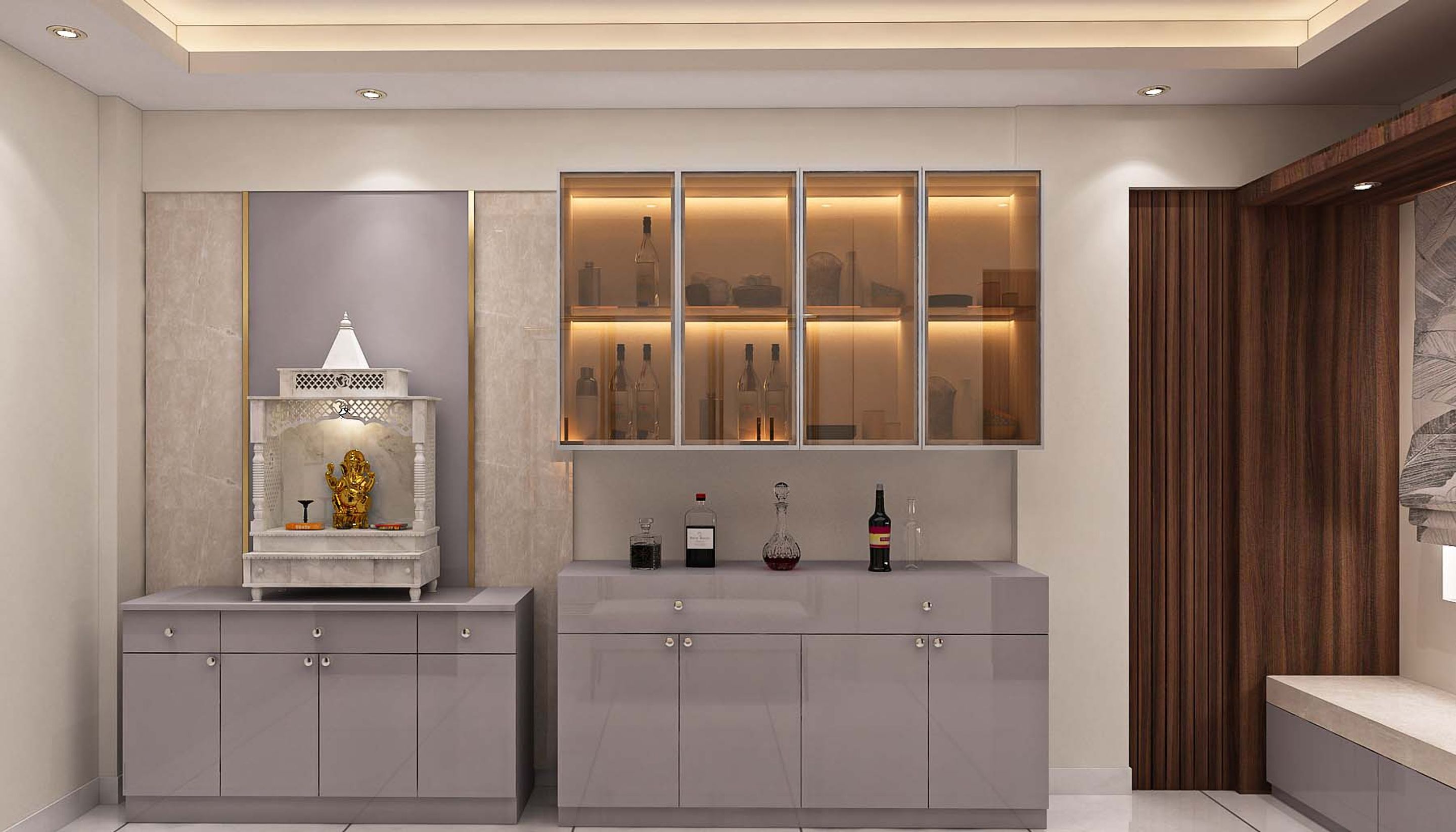 Compact Mandir Design With Grey Cabinets And Ambient Lights | Livspace