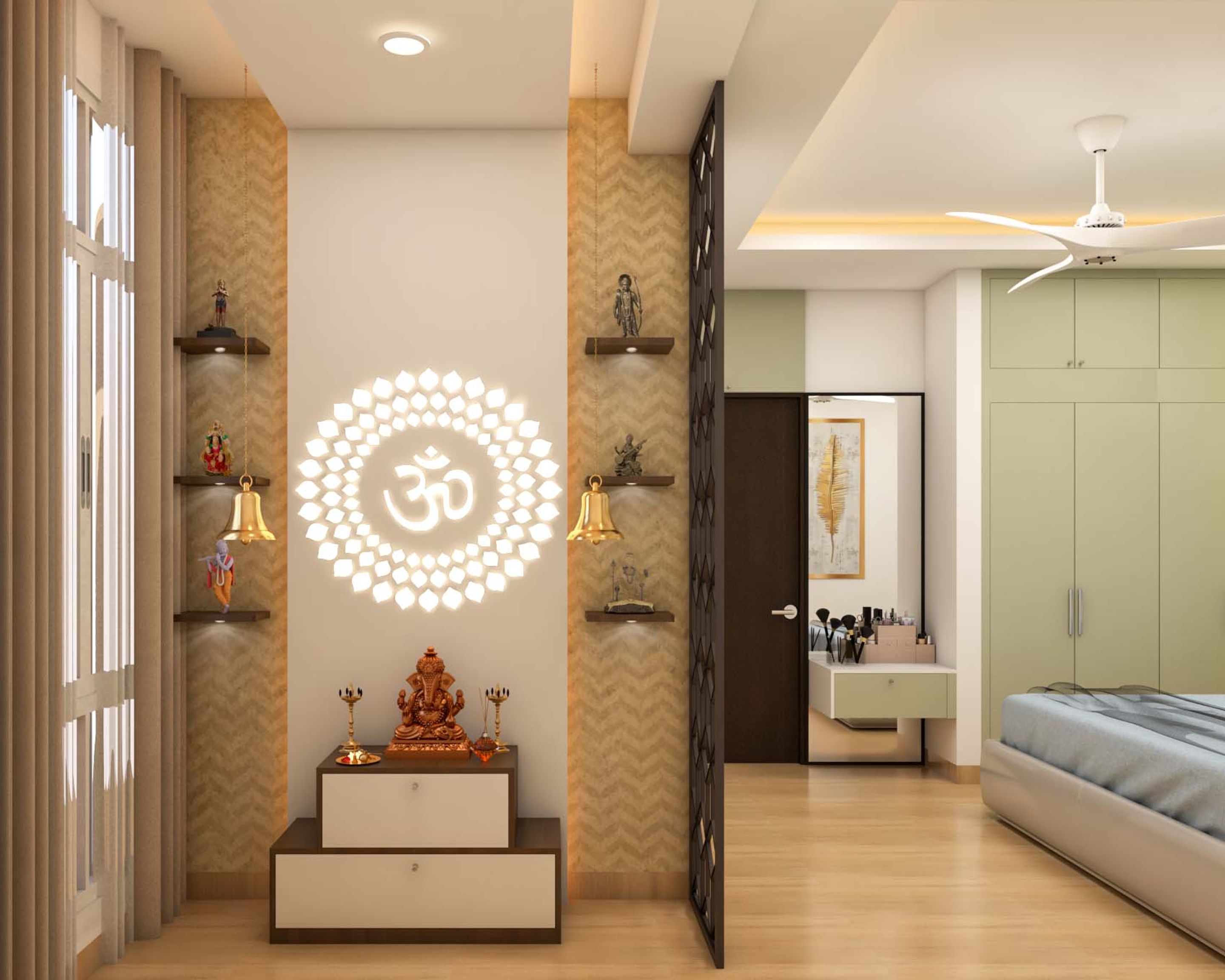 Contemporary Wooden Mandir Design With Jaali Backdrop | Livspace