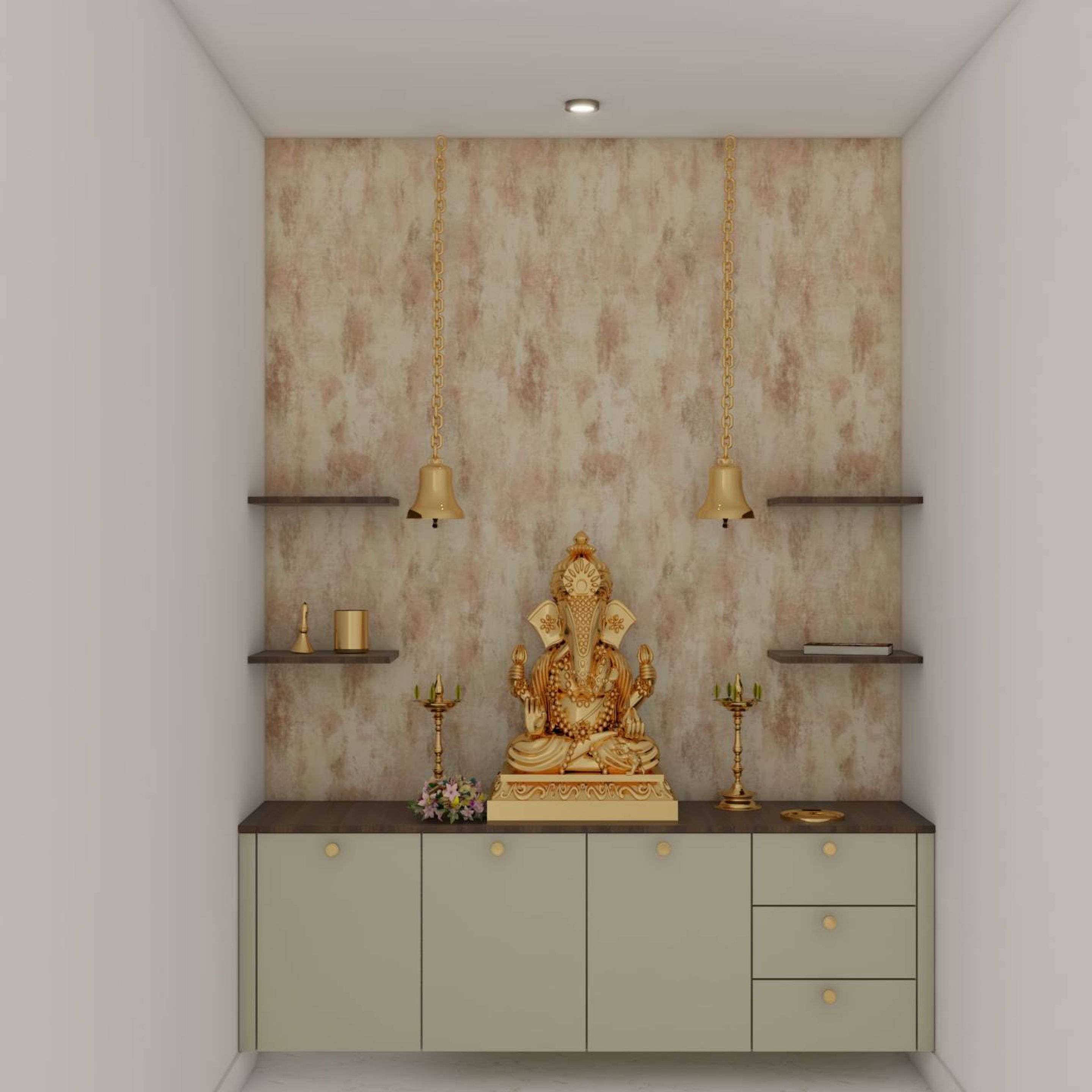 Compact Pooja Room Design With Wall-Mounted Storage Unit | Livspace