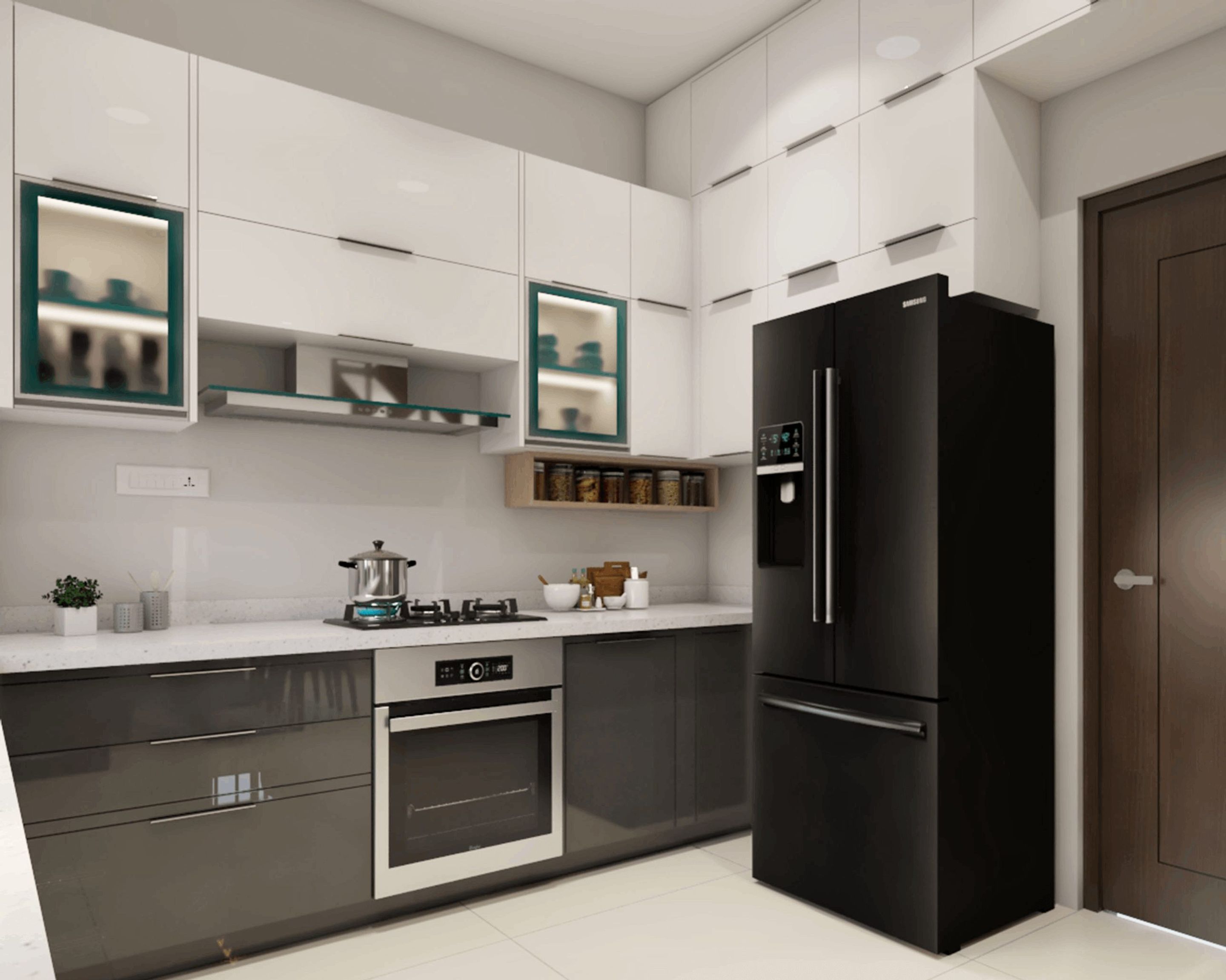 Spacious L-Shaped Kitchen Design With Spice Racks | Livspace