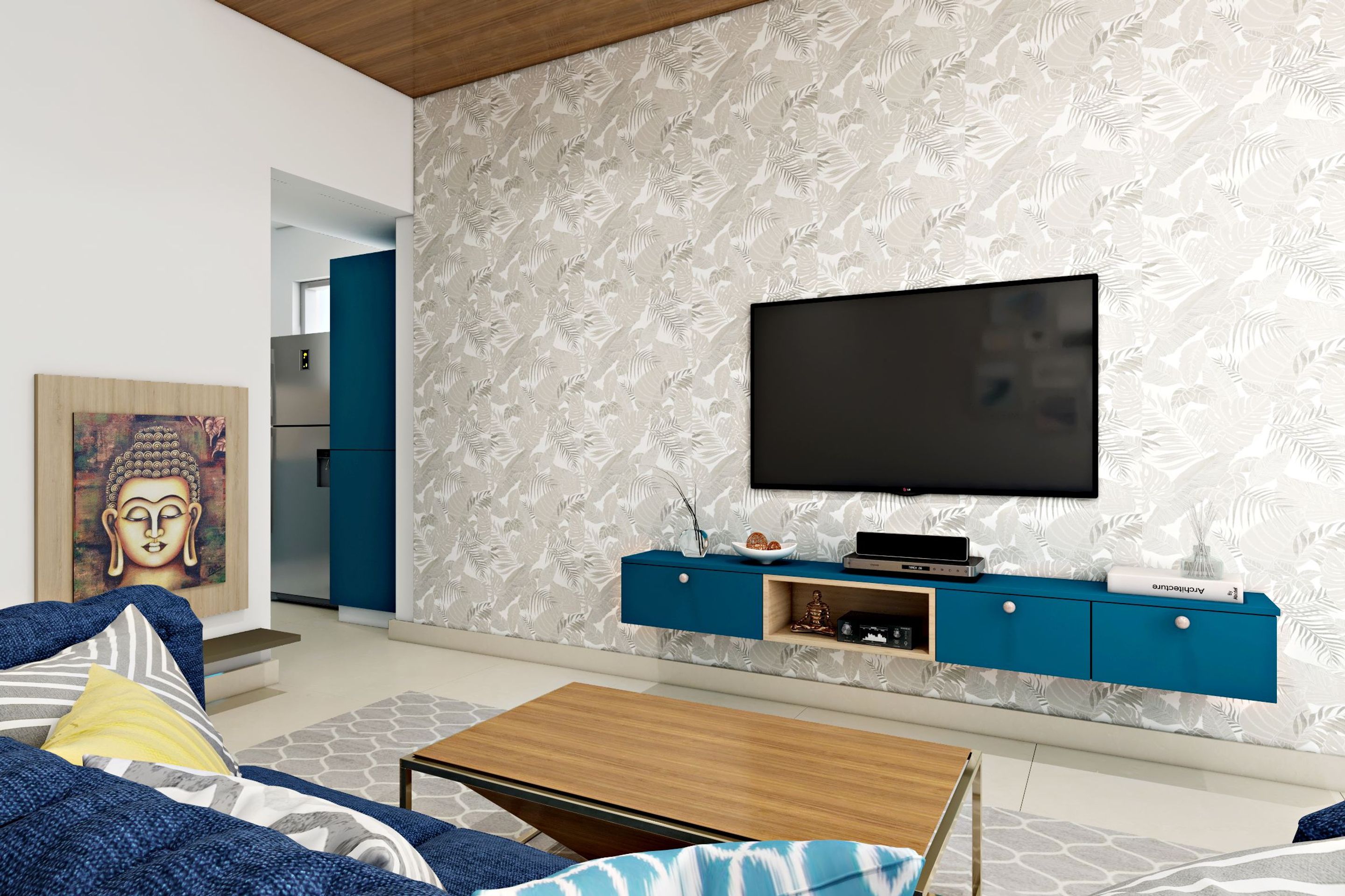 Blue And Grey Modern Spacious TV Unit Design | Livspace