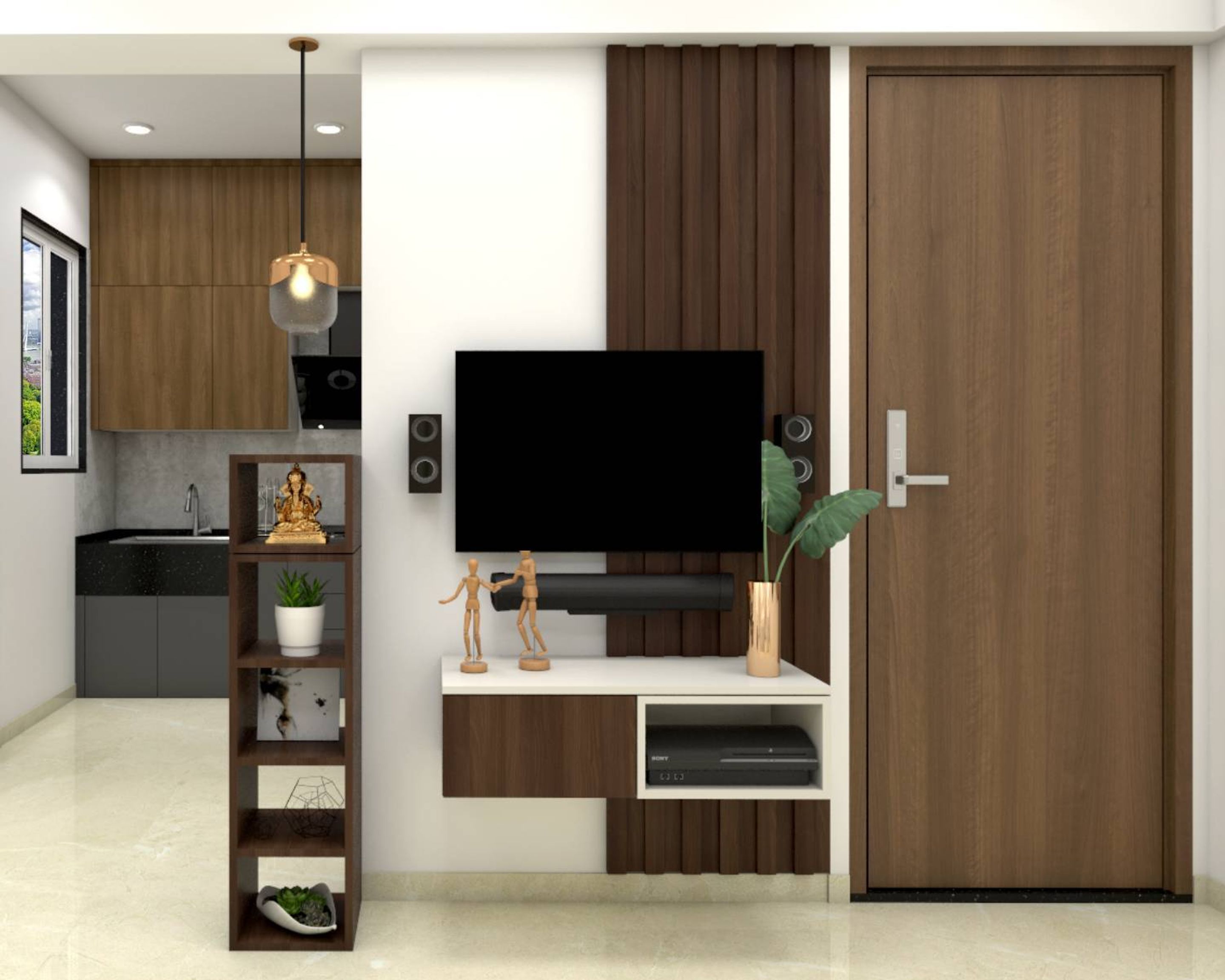 Wall-Mounted TV Unit Design With Open Shelves | Livspace