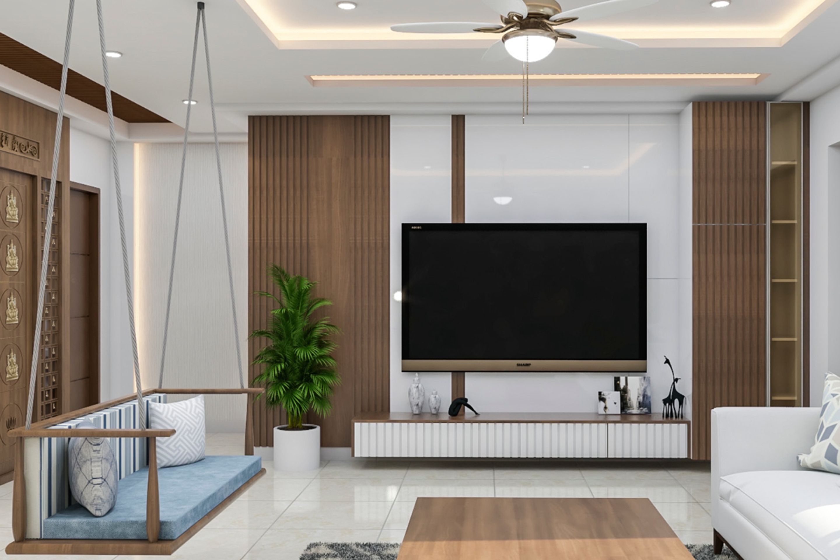 Spacious TV Unit Design With Glossy Laminate | Livspace