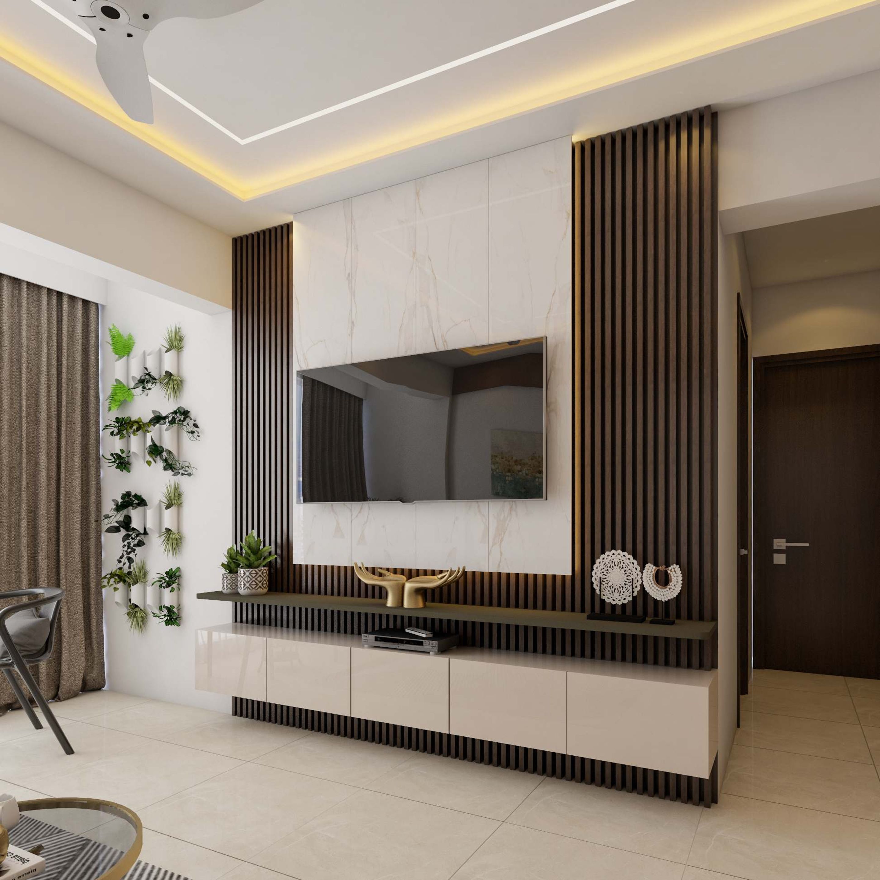 Modern TV Unit Design with White Marble Panel and Slim Floating Ledge ...