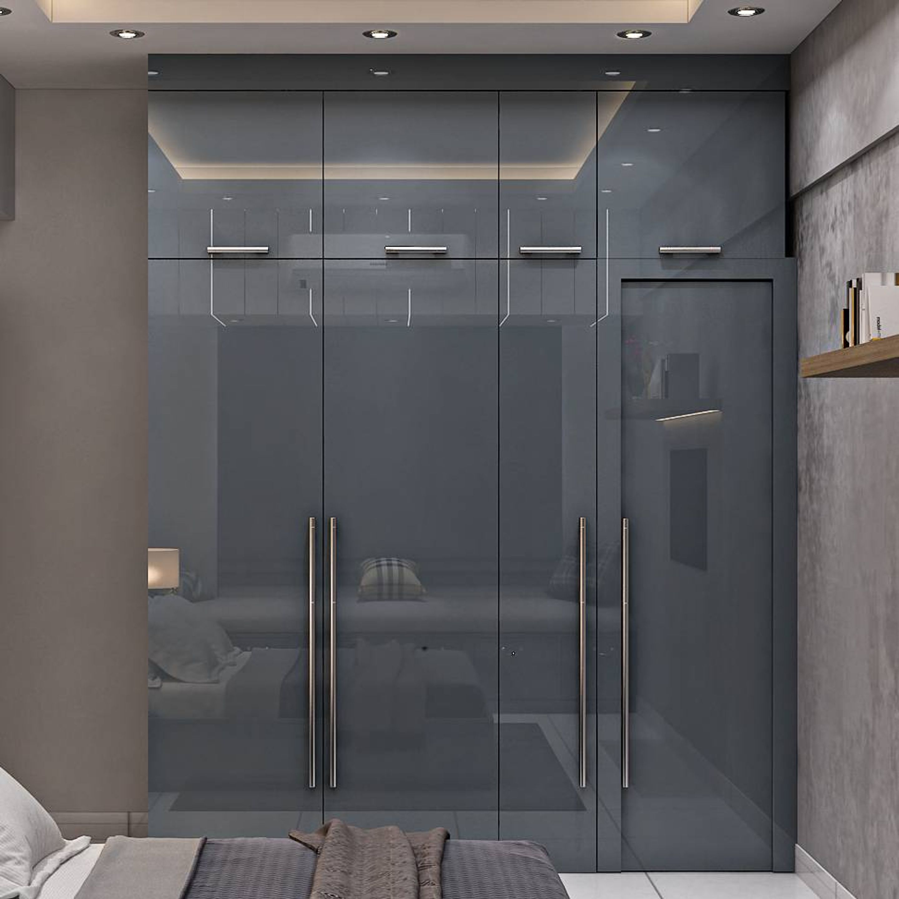 Compact Wardrobe Design With Silver Handles And Loft | Livspace
