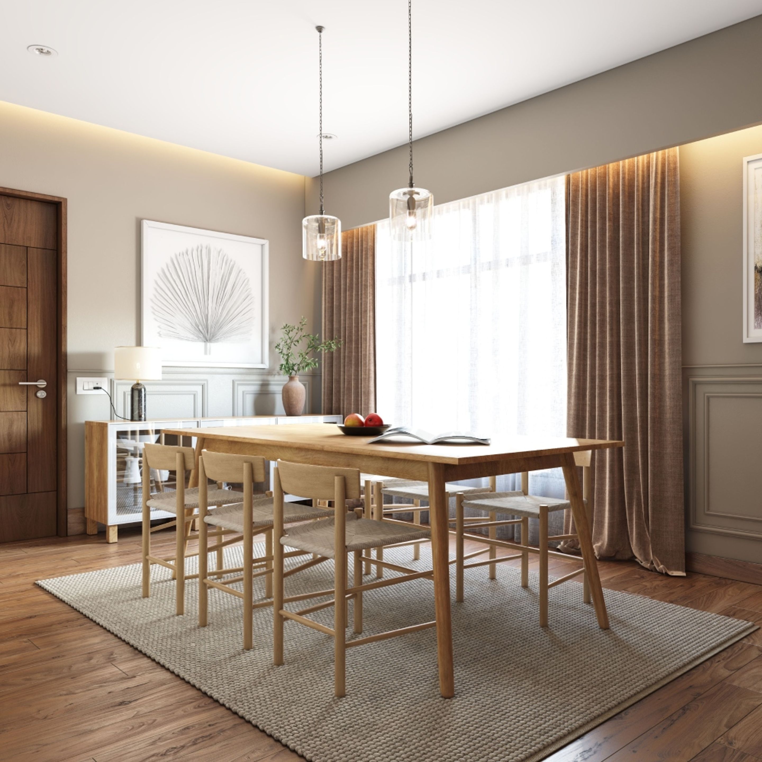 6-Seater Wooden Dining Room Design With Beige Chairs And Ornamental ...