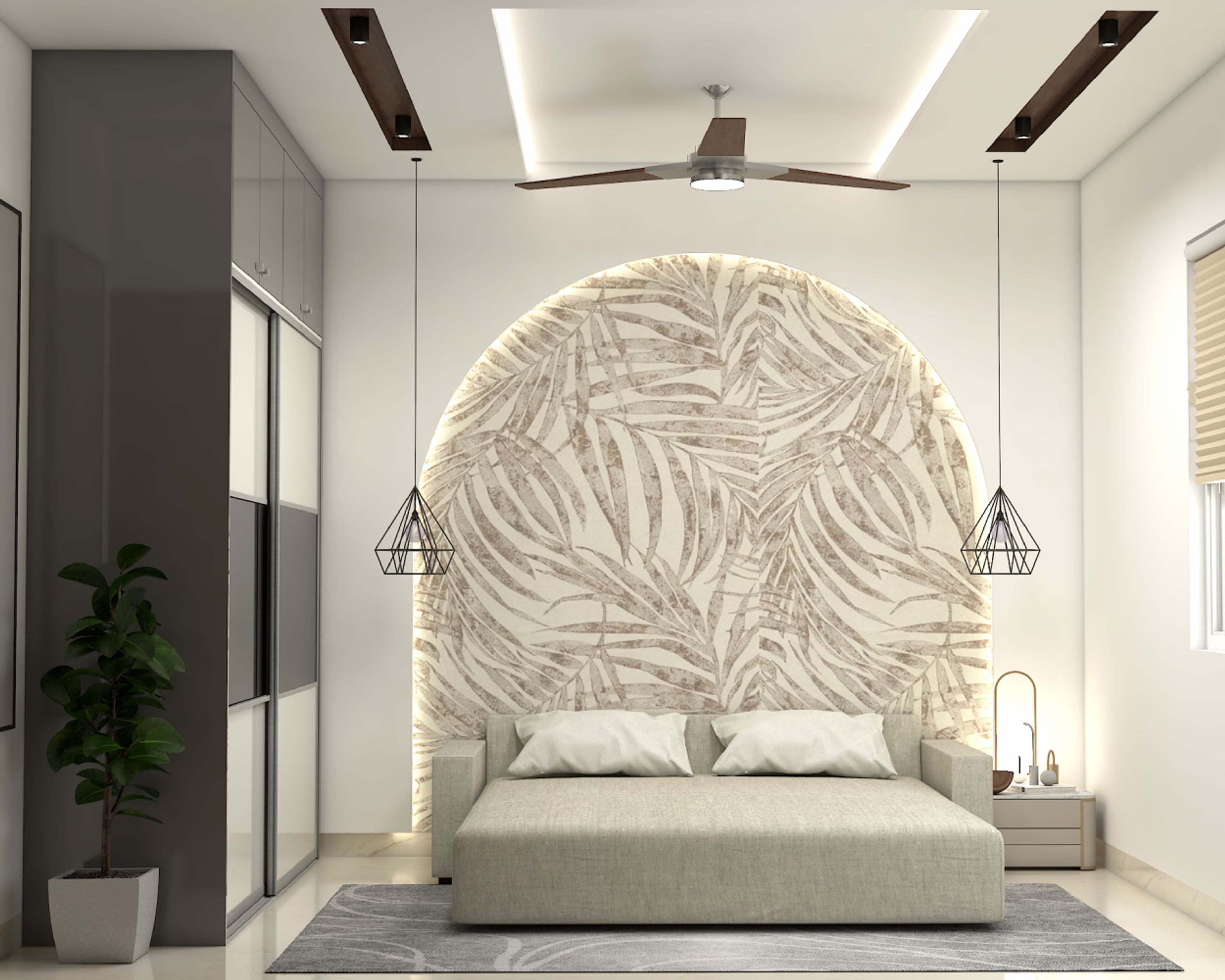 Beige And Grey Guest Room Design With Arched Printed Wallpaper - 12x11 ...