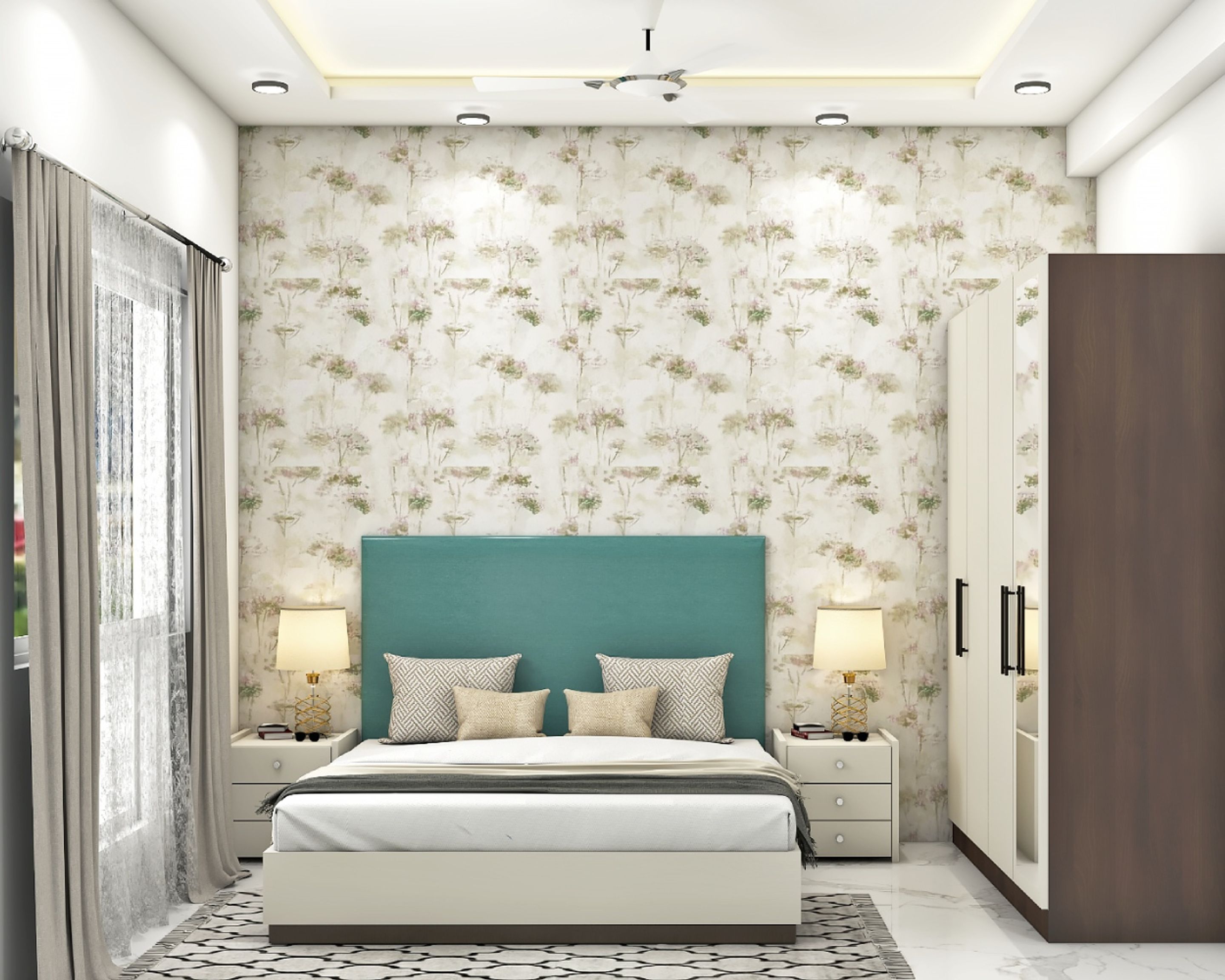 Guest Room Design With The Turquoise Headboad And Floral Wallpaper ...