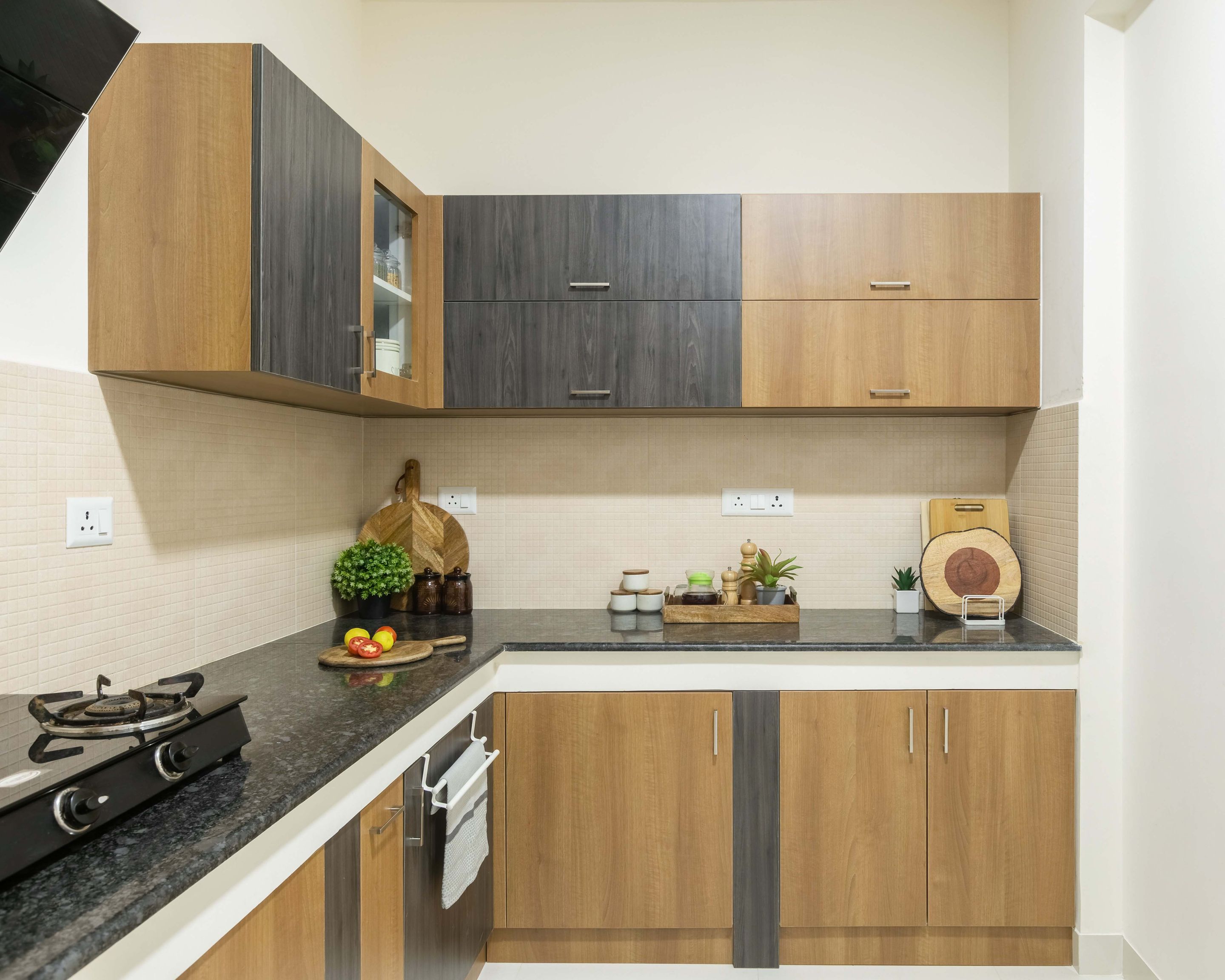 Compact L-Shaped Modular Kitchen Design In Brown And Grey - 8x6 Ft ...