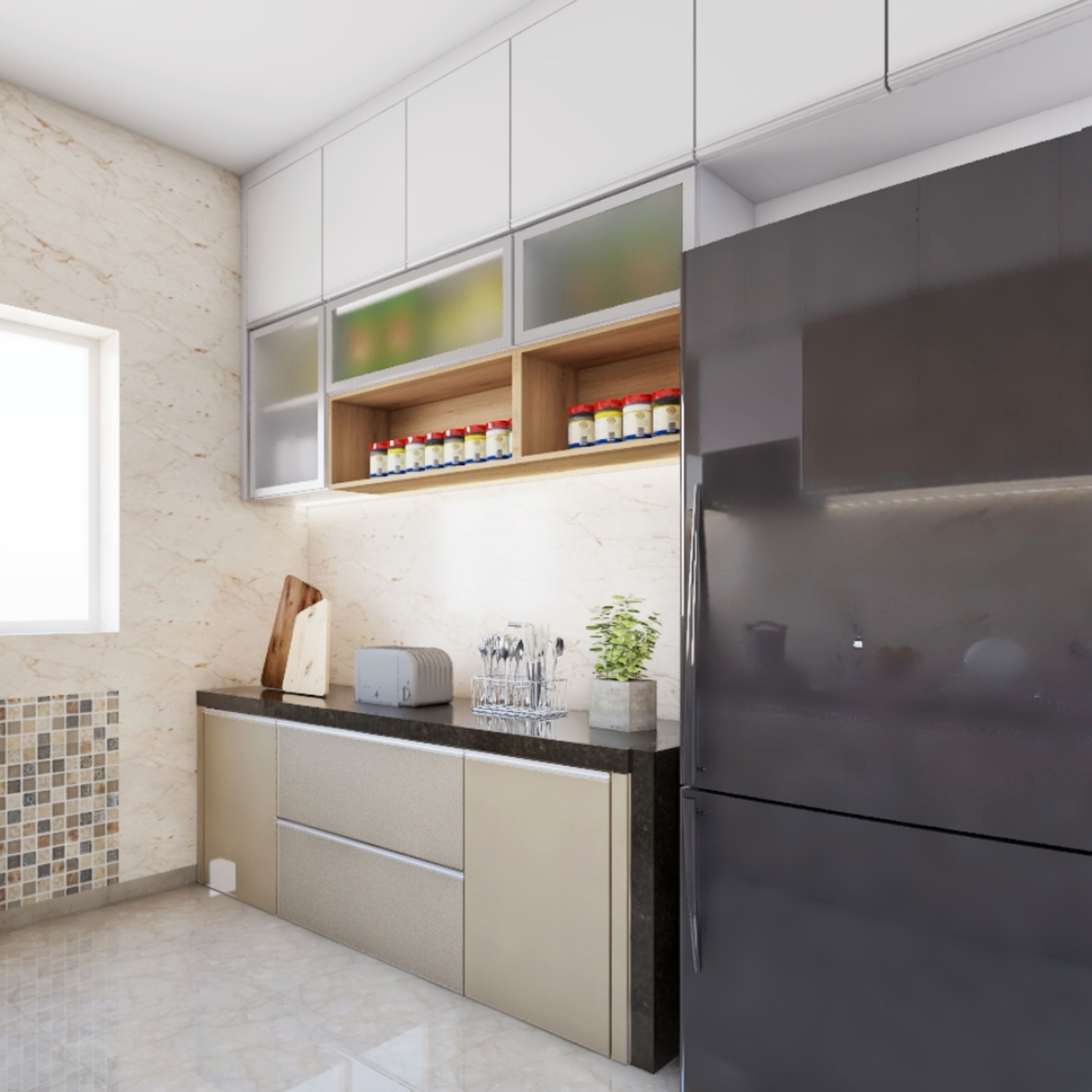 Modern Modular Parallel Kitchen Design In Cappuccino And Frosty White ...