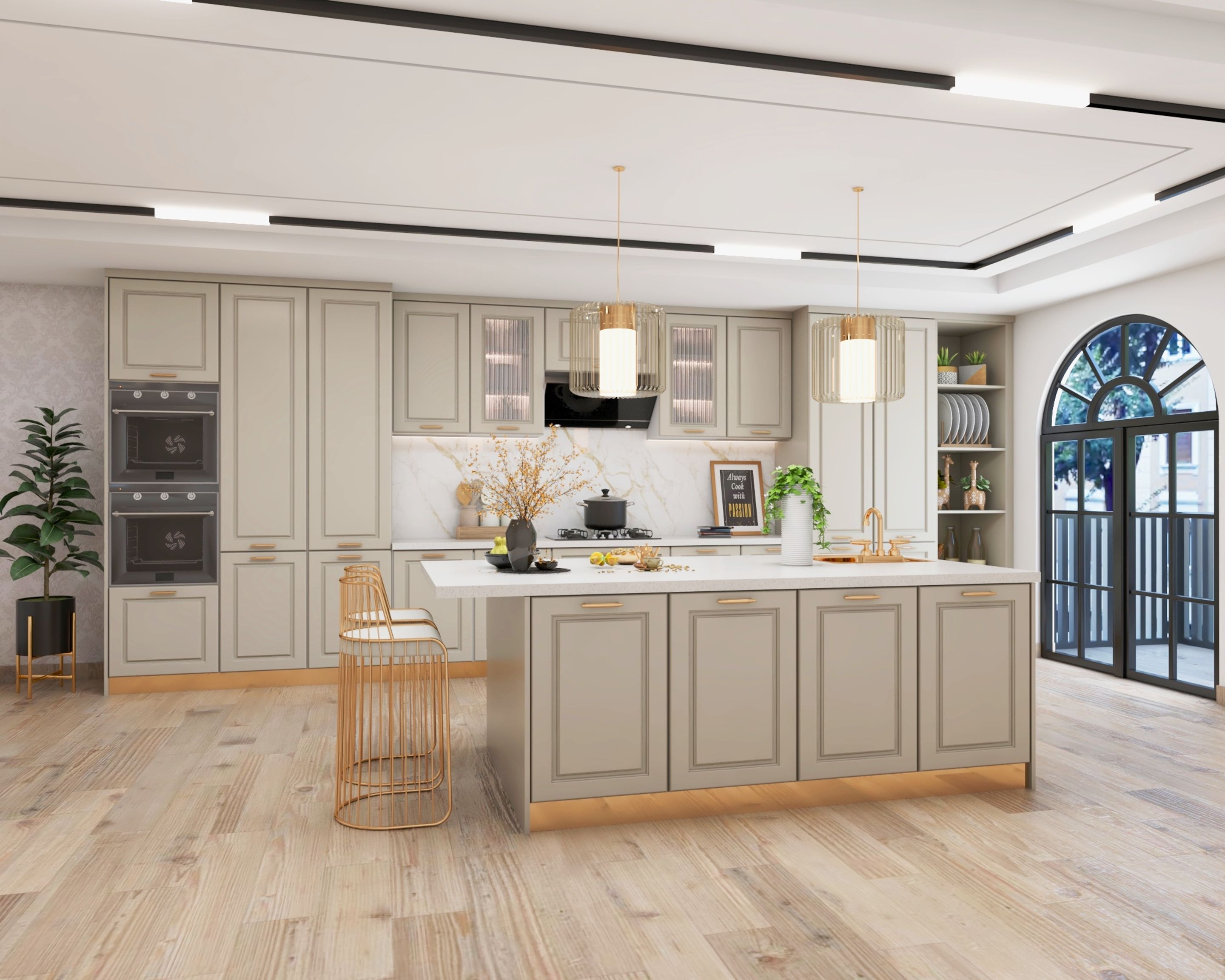 Modular Island Kitchen Design With Cremarzo Cabinets - 20x14 Ft | Livspace