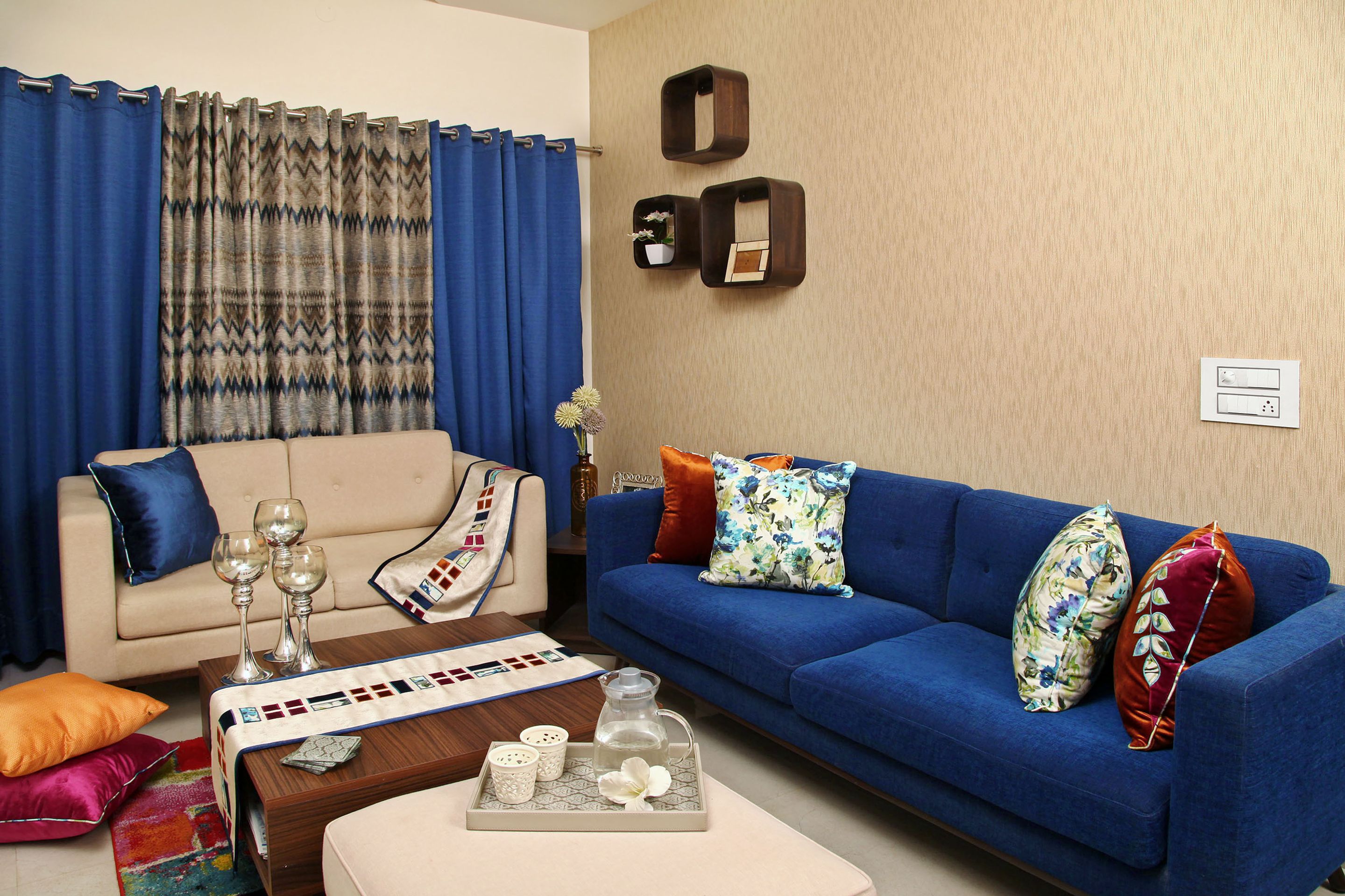 L-Shape Blue And Beige Living Room Design With Wooden Coffee Table ...