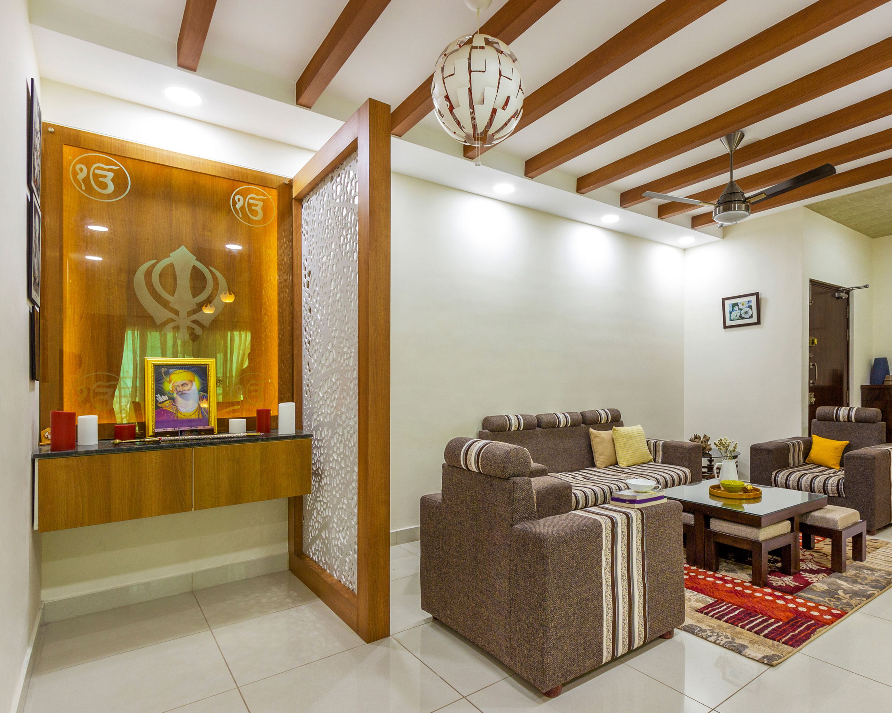 Walnut Bronze Mandir Unit Design With Drawer Storage - 3x1x5 Ft | Livspace