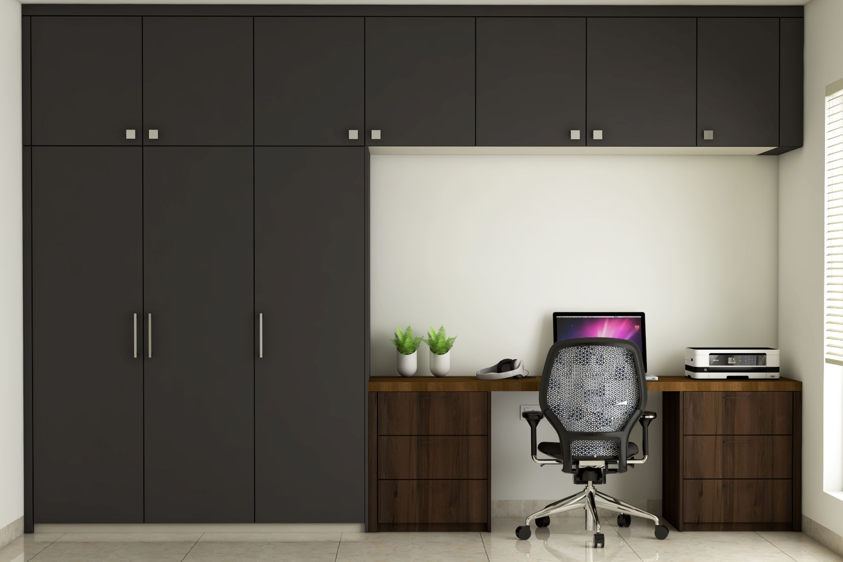 Minimal Wooden Study Room Design With 3-Door Swing Wardrobe With Lofts ...