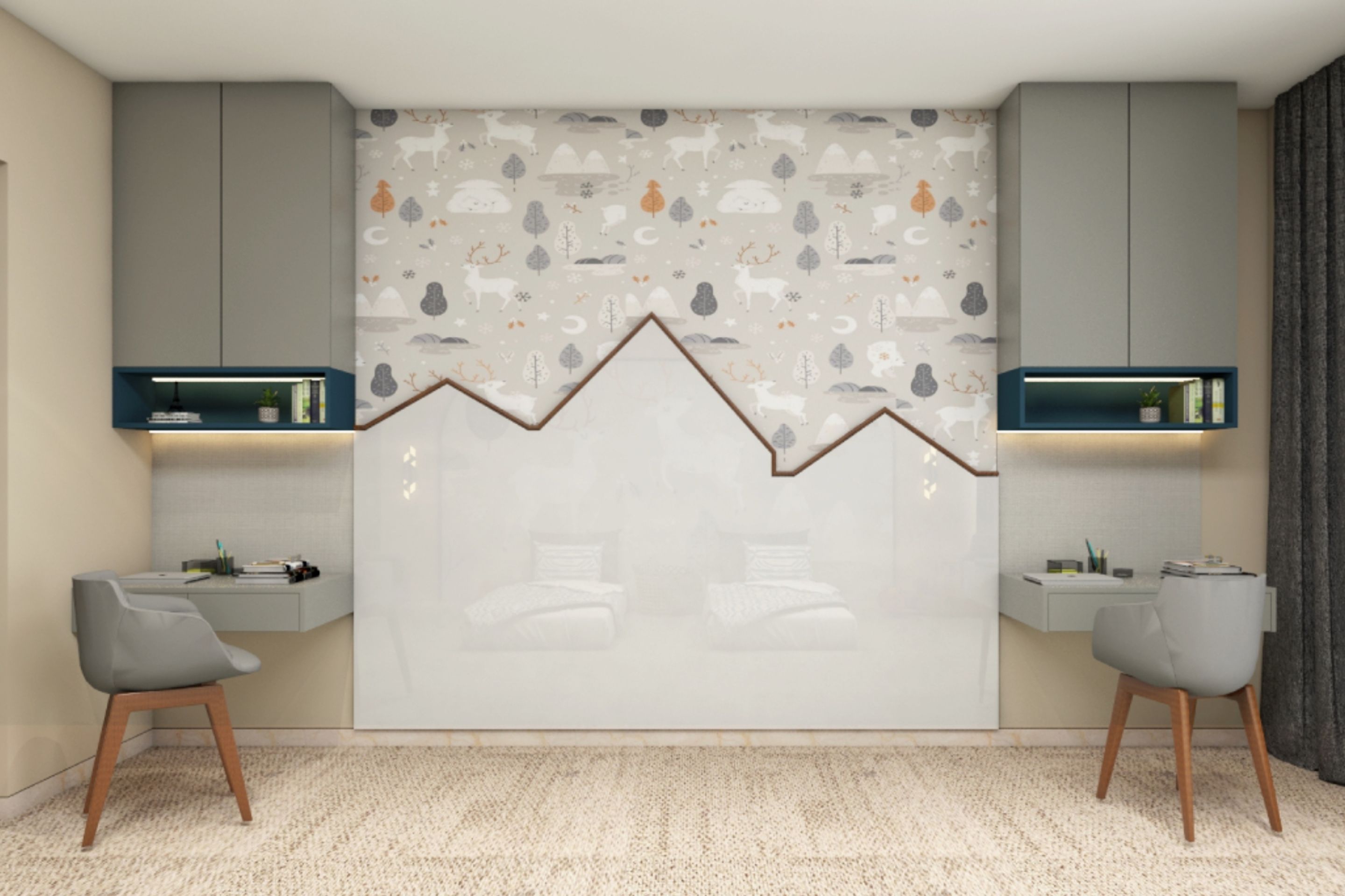 Contemporary Grey And Blue Study Room Design For Two | Livspace