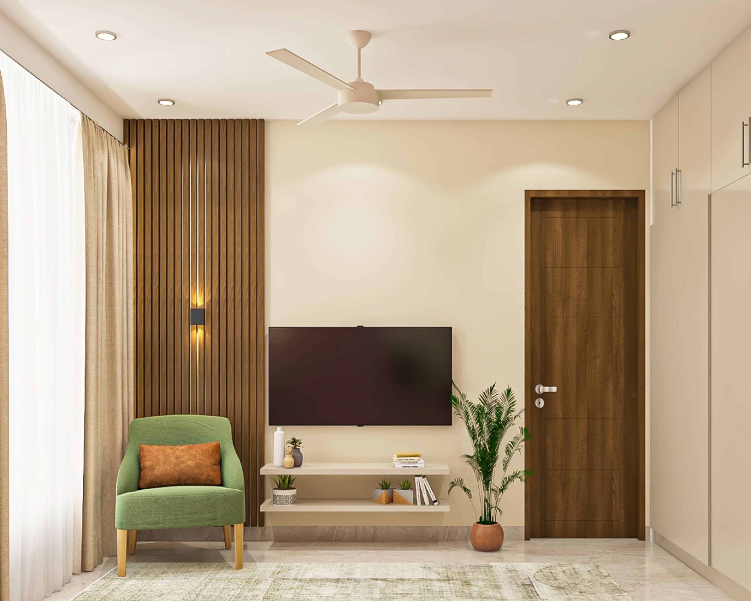 Champagne-Toned TV Unit Design With Wooden Wall Grooves - 6x1x7 Ft ...