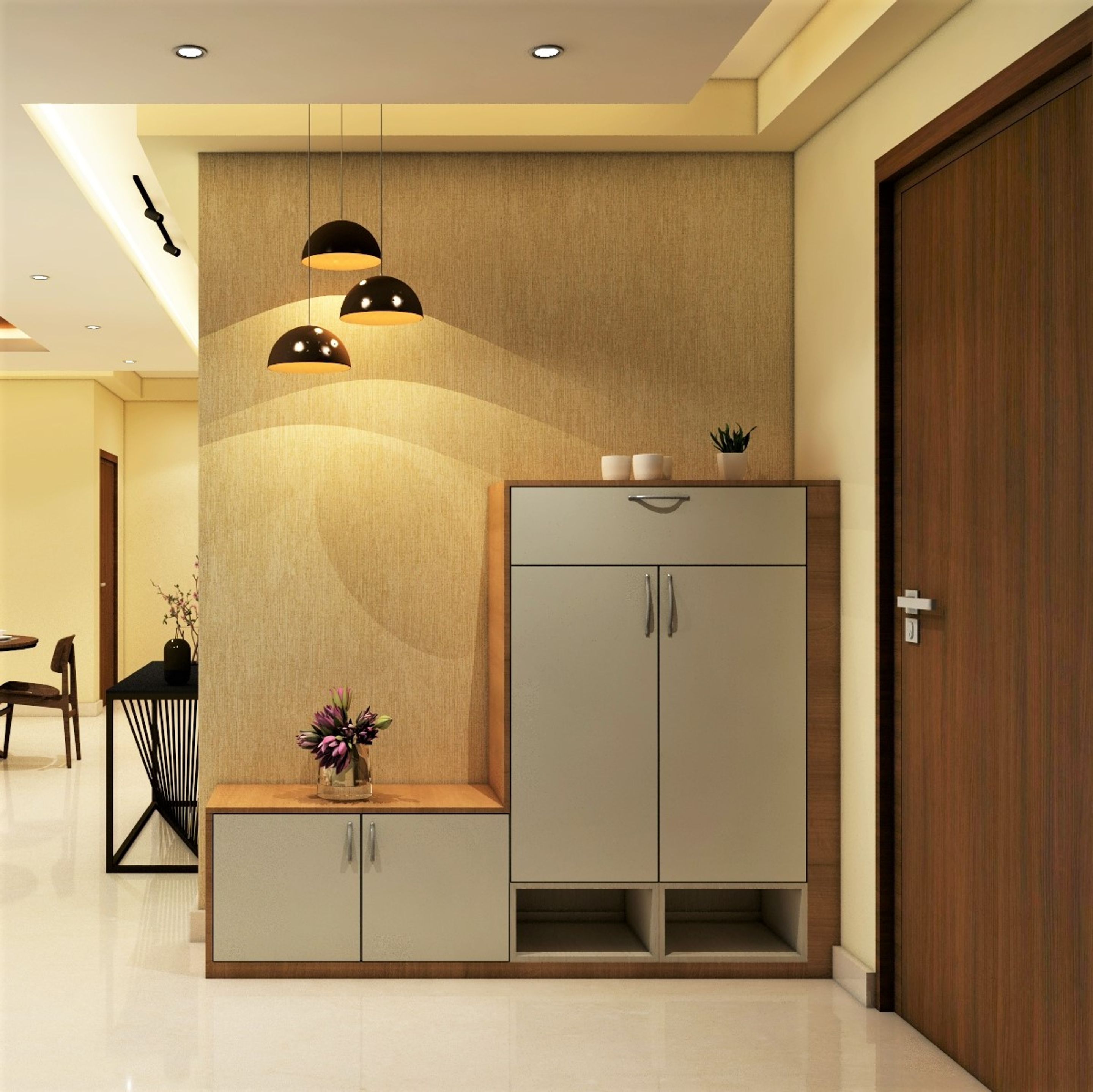 Compact Foyer Space with Wallpaper and Hanging Pendant Lights | Livspace