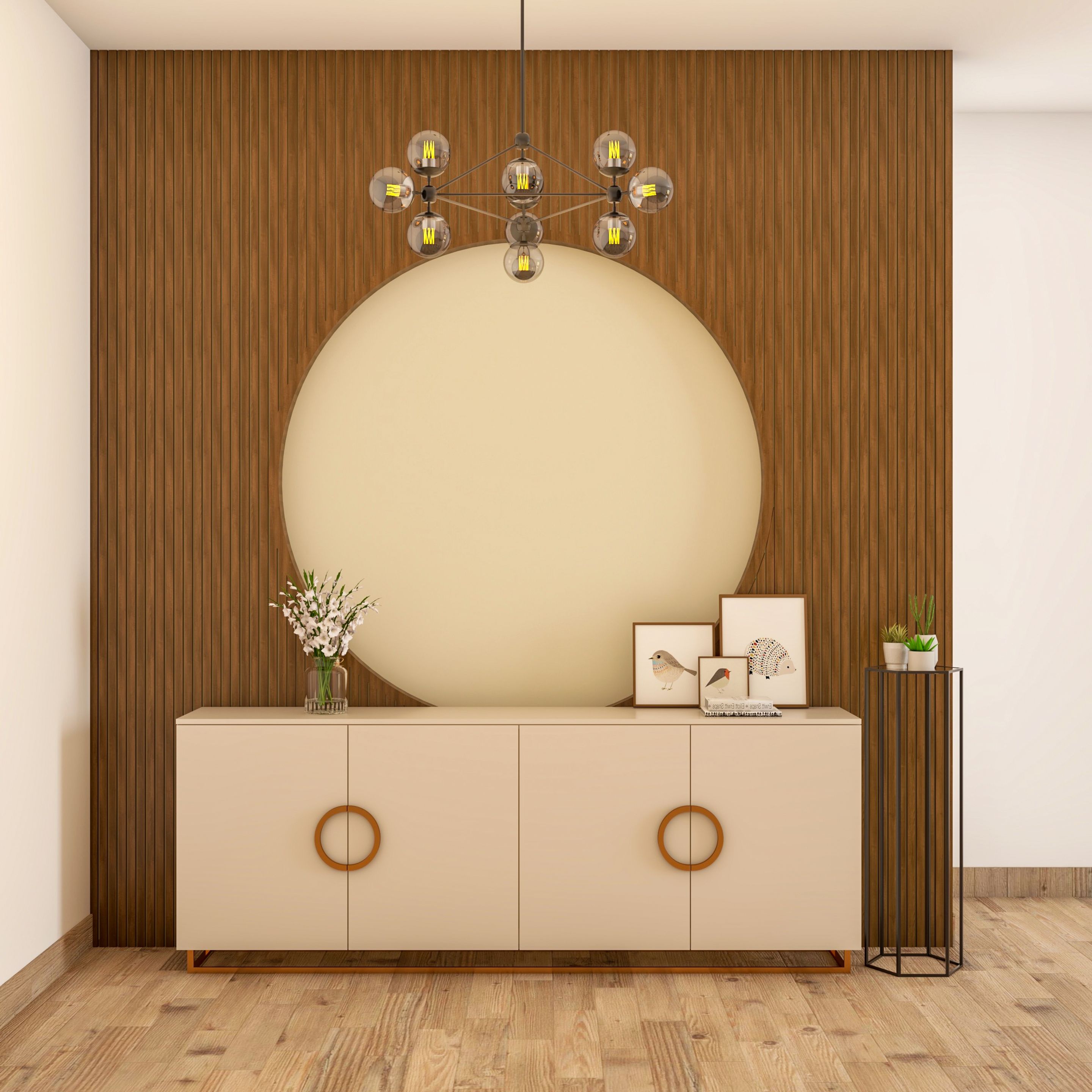Modern Foyer Design with Circular Patterns and Wooden Backdrop | Livspace