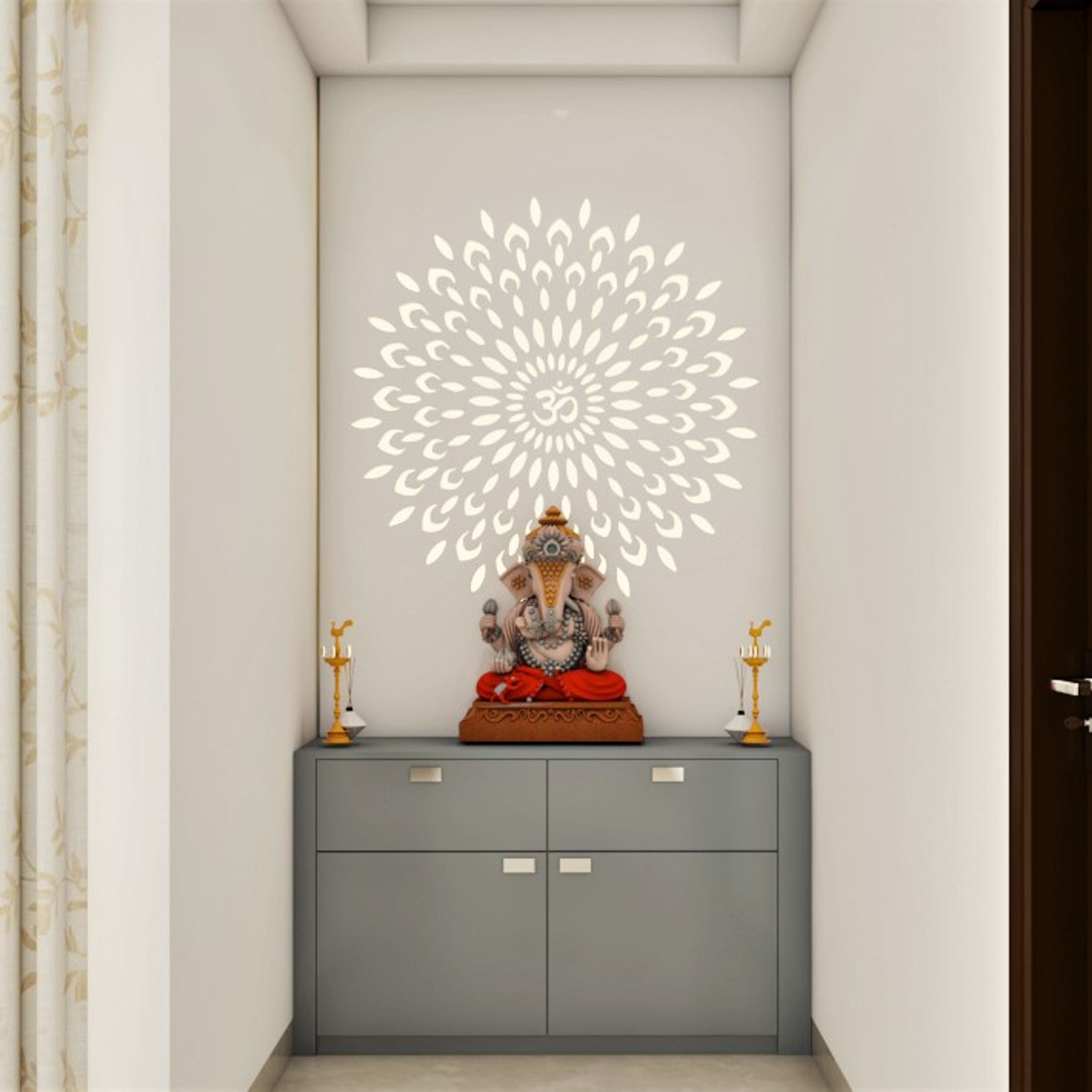 Compact Multifunctional Pooja Room with Cabinet Storage | Livspace