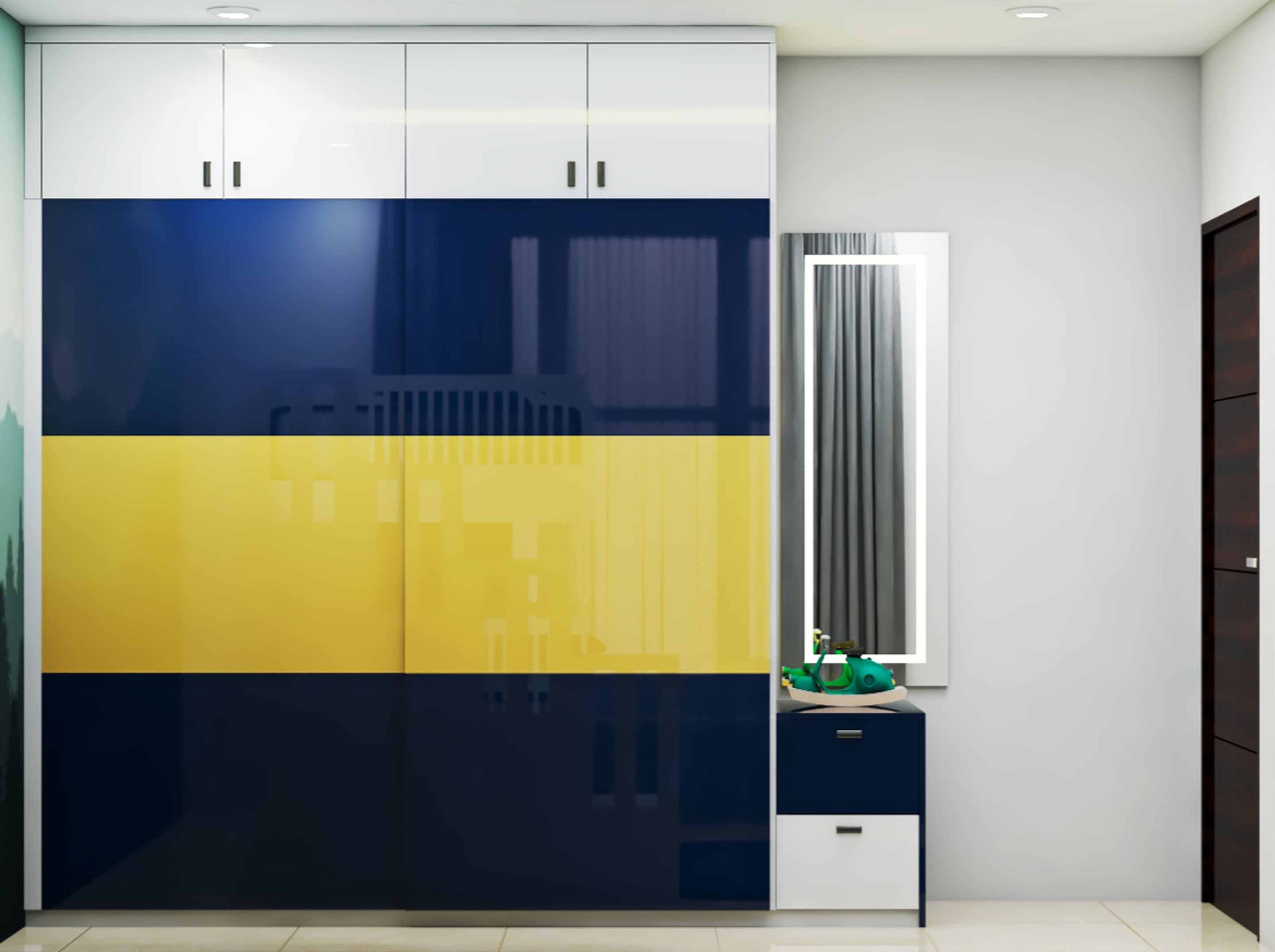Colourful Straight Sliding Door Wardrobe Design with Loft Storage ...
