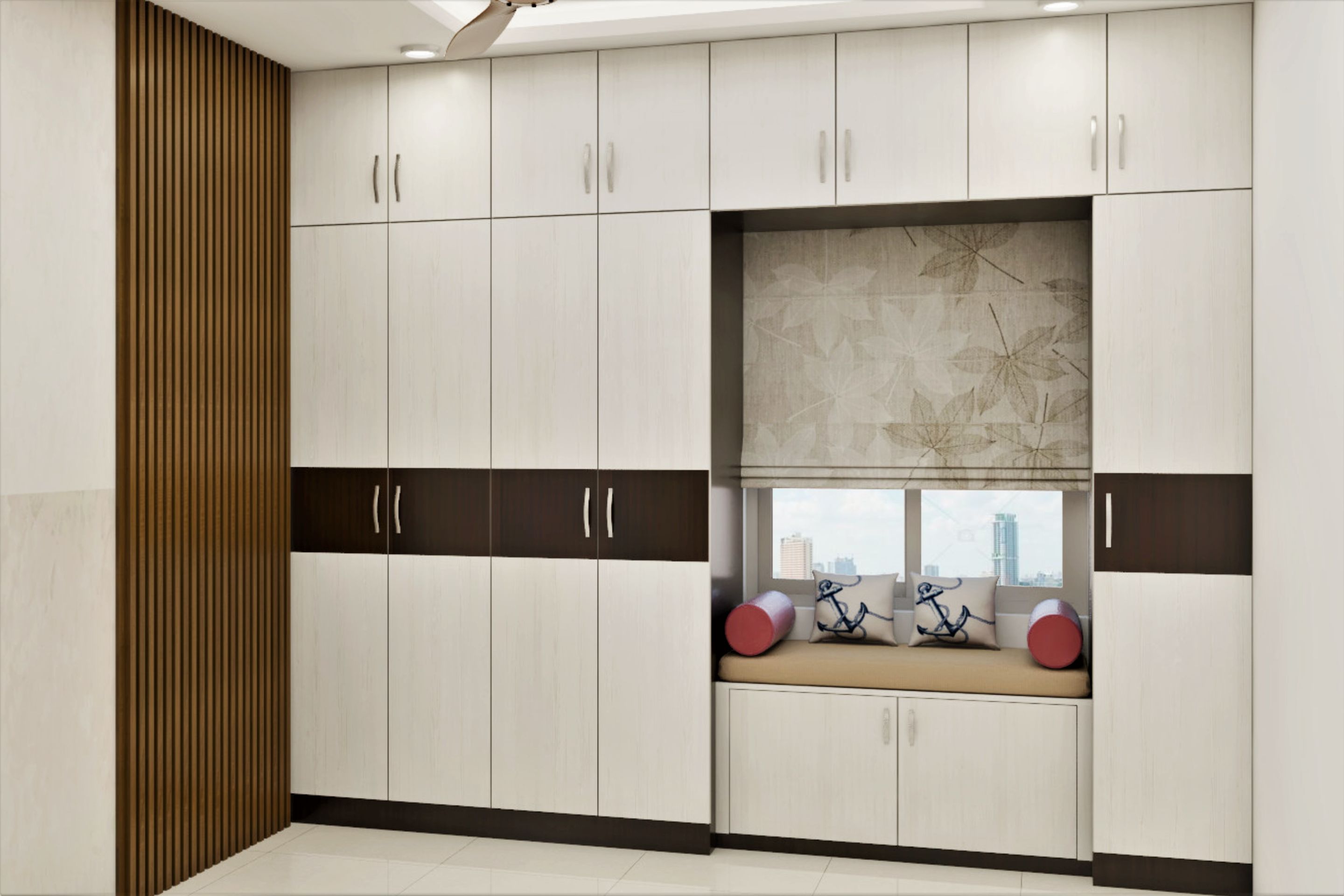 Modern Wardrobe Design With Open Hinges And Cushion Seating | Livspace