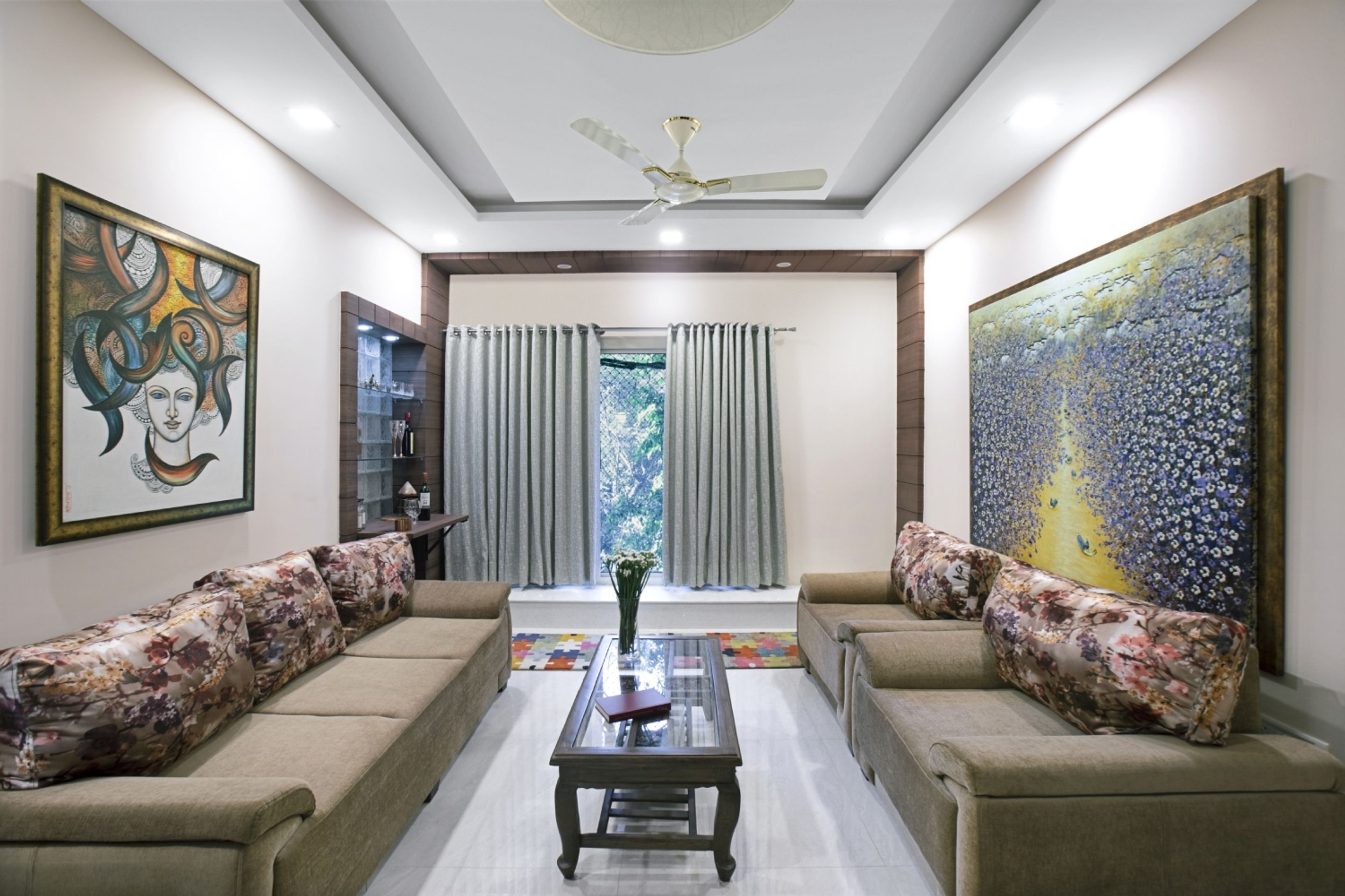 Multi-Layered False Ceiling With Recessed Lights | Livspace