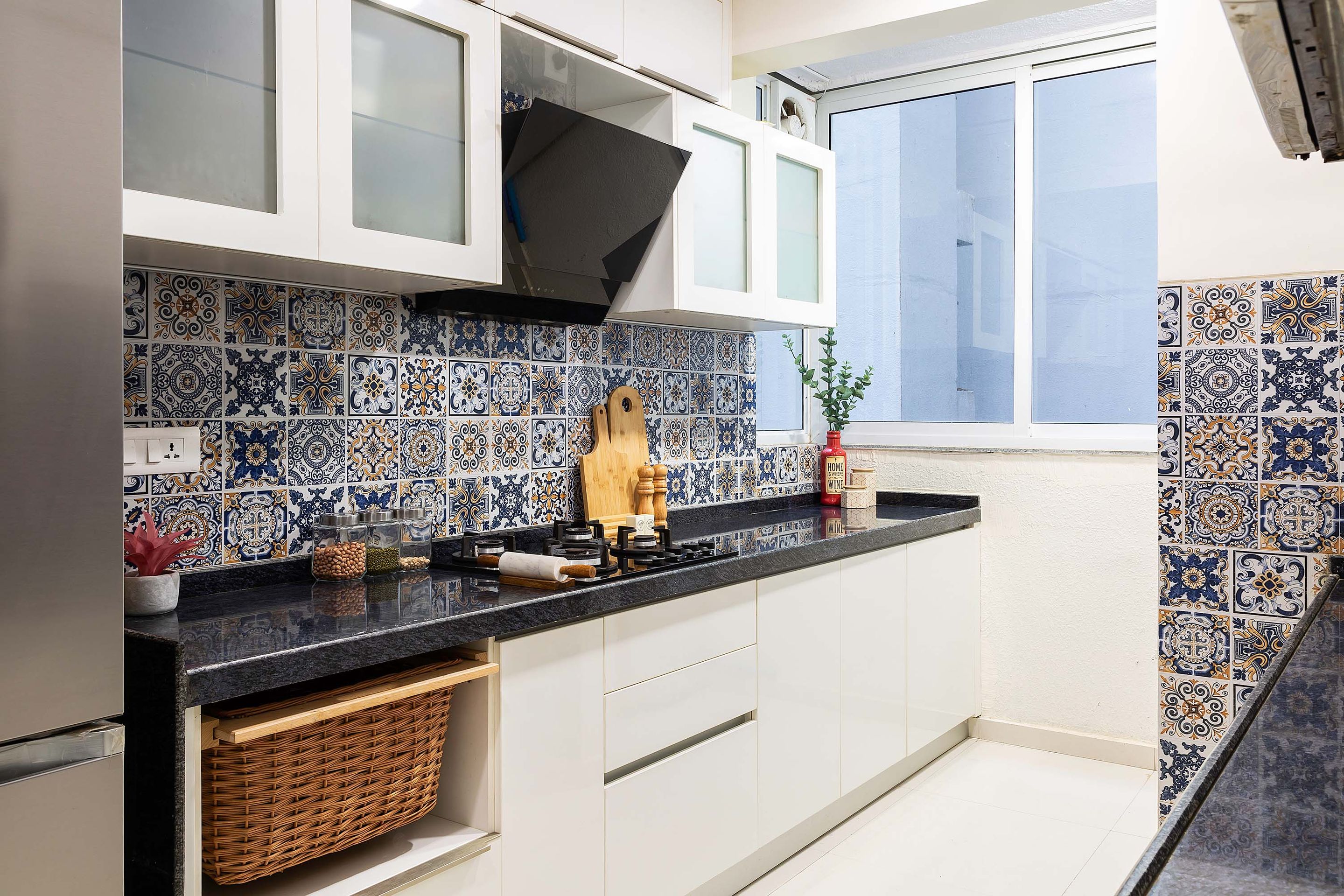 Modular Parallel Kitchen Design With Moroccan Dado Tiles | Livspace