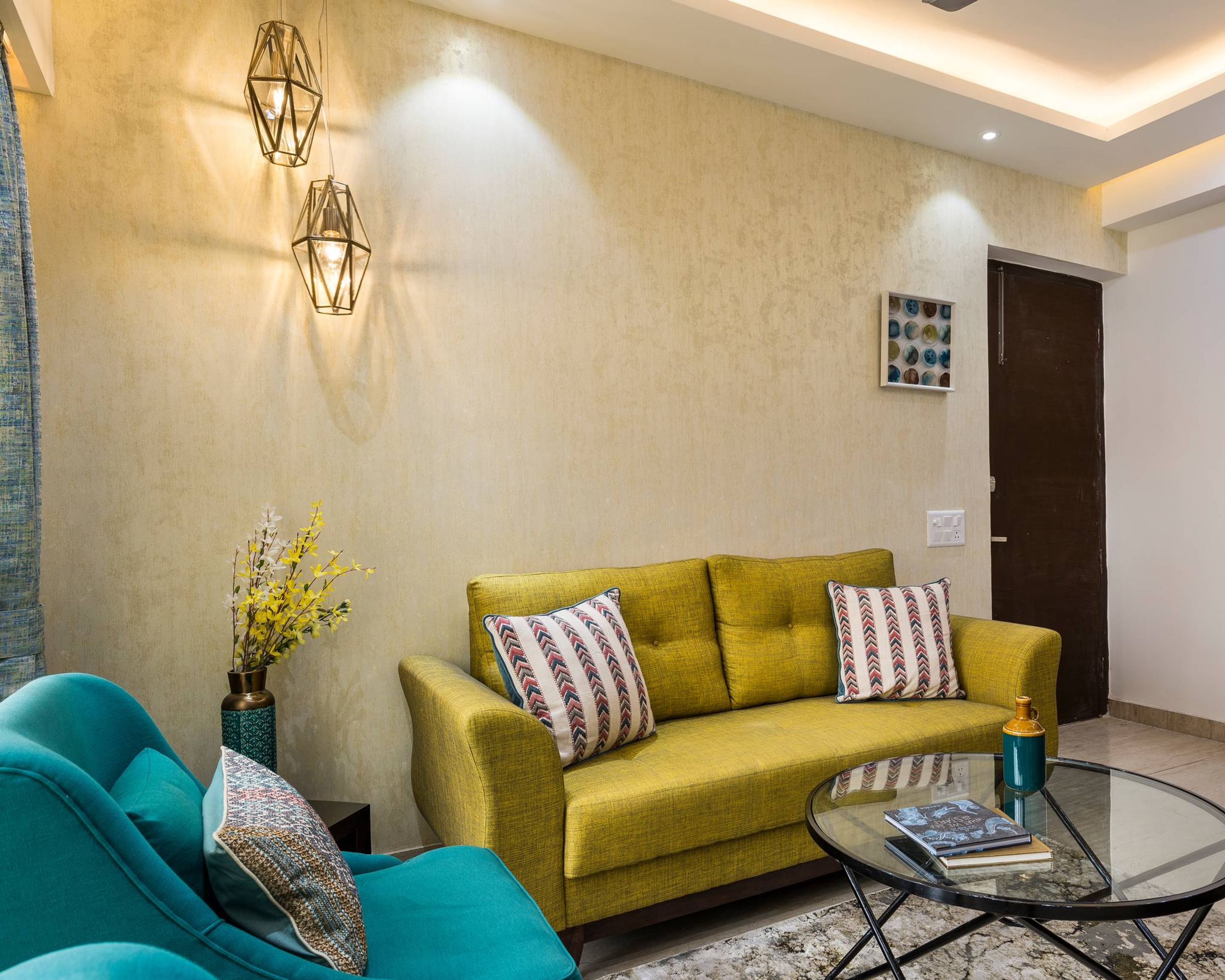 Cream-Coloured Textured Wallpaper Design For Living Rooms | Livspace