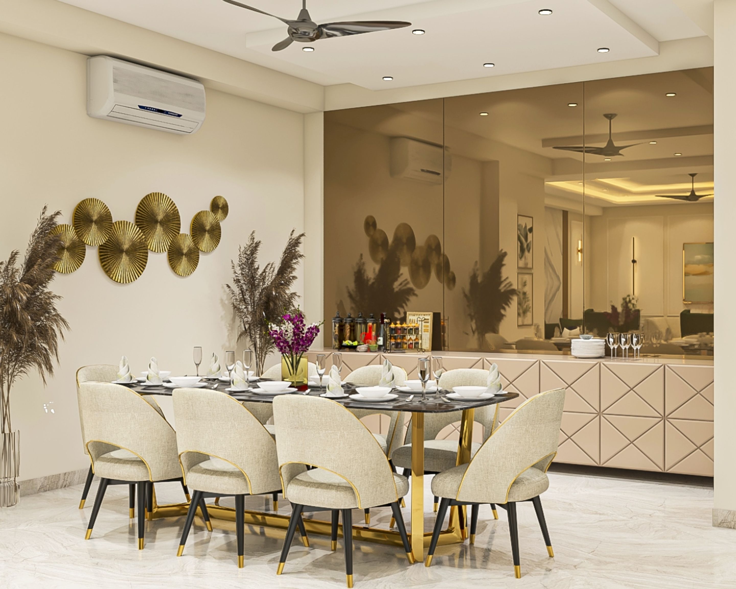 Beige And Black 8-Seater Dining Room Design With Copper-Toned Mirror ...