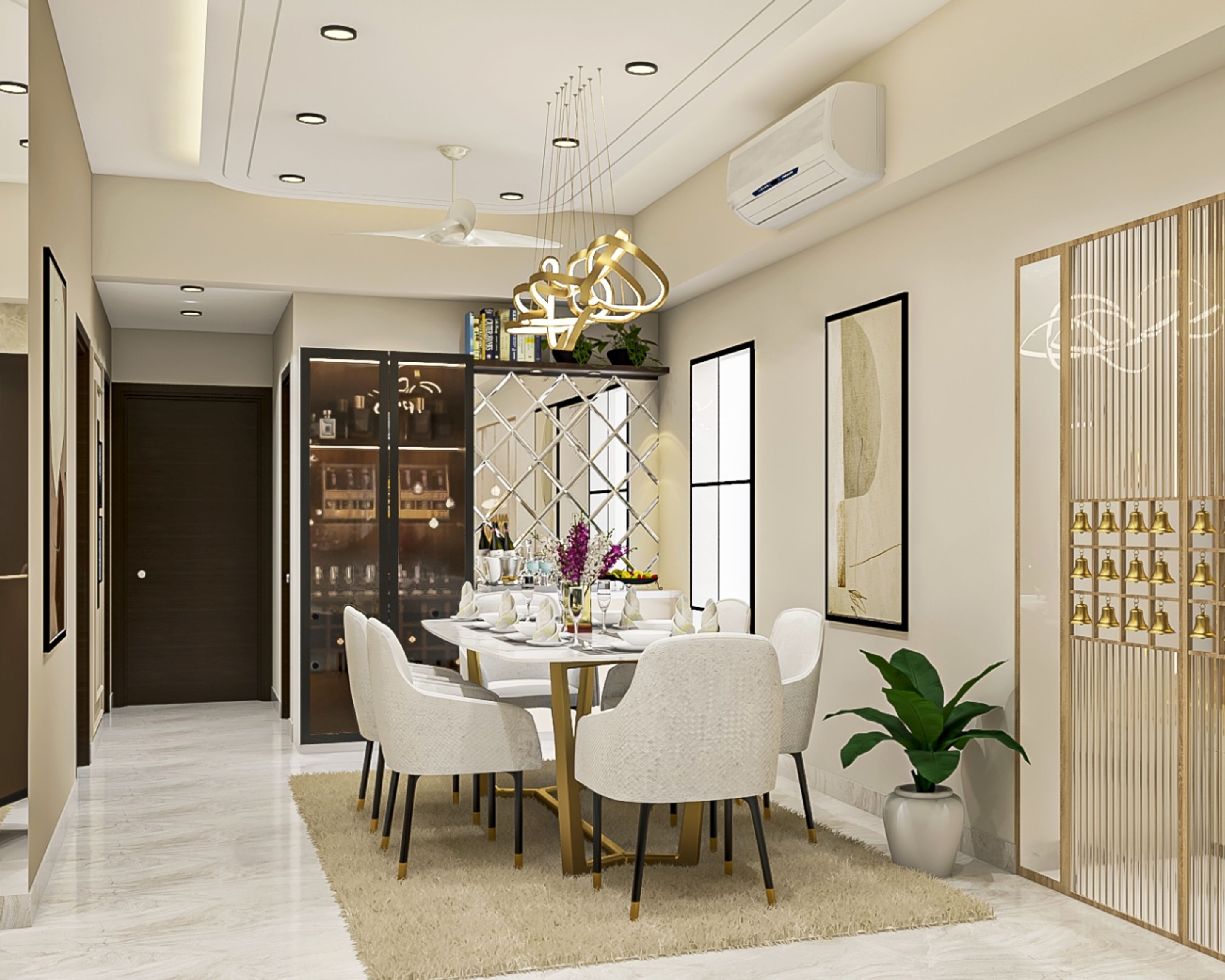 6-Seater White Dining Room Design With Crockery Unit And Bevelled ...