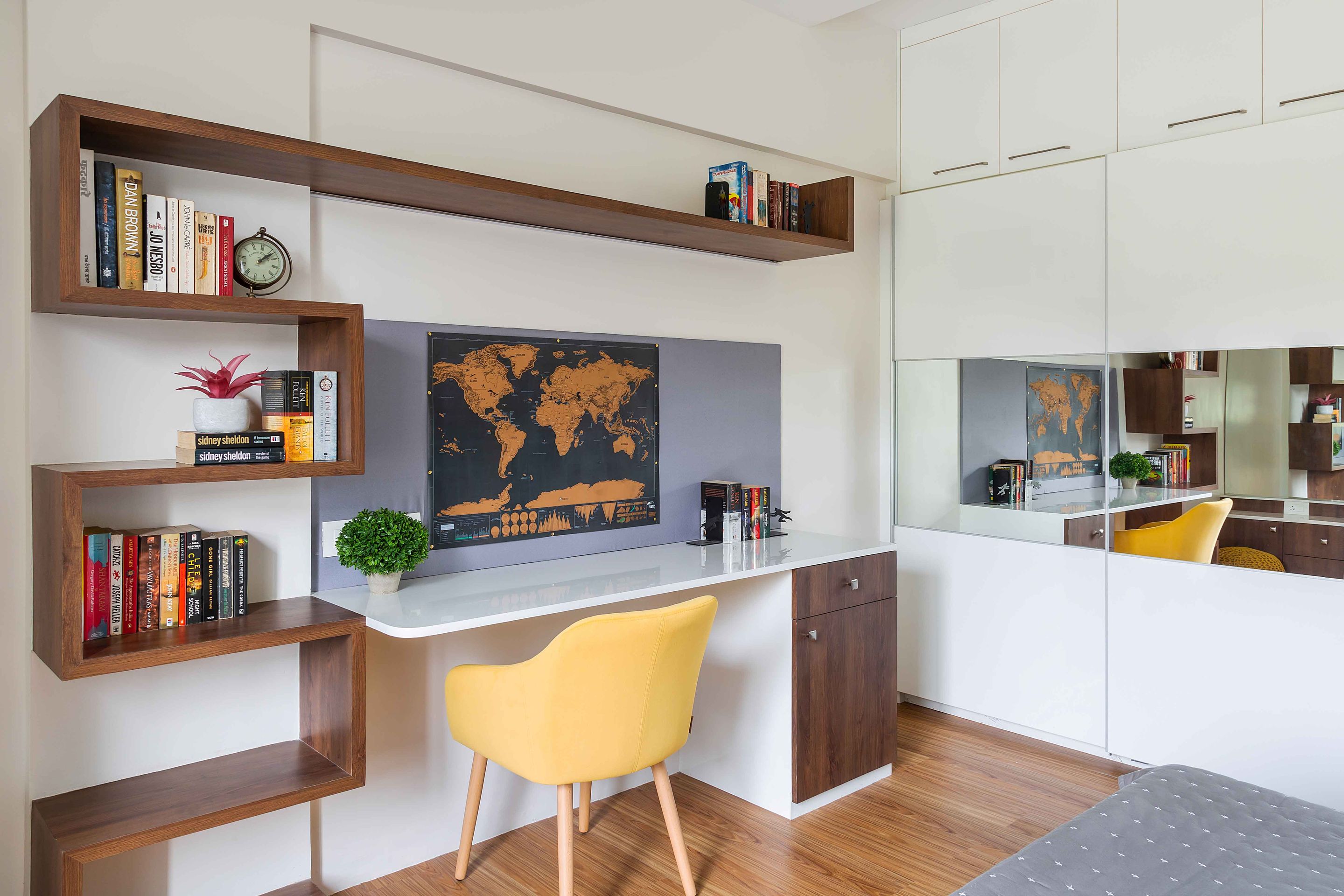 Spacious Wood And White Home Office Design With Open Book Storage And ...