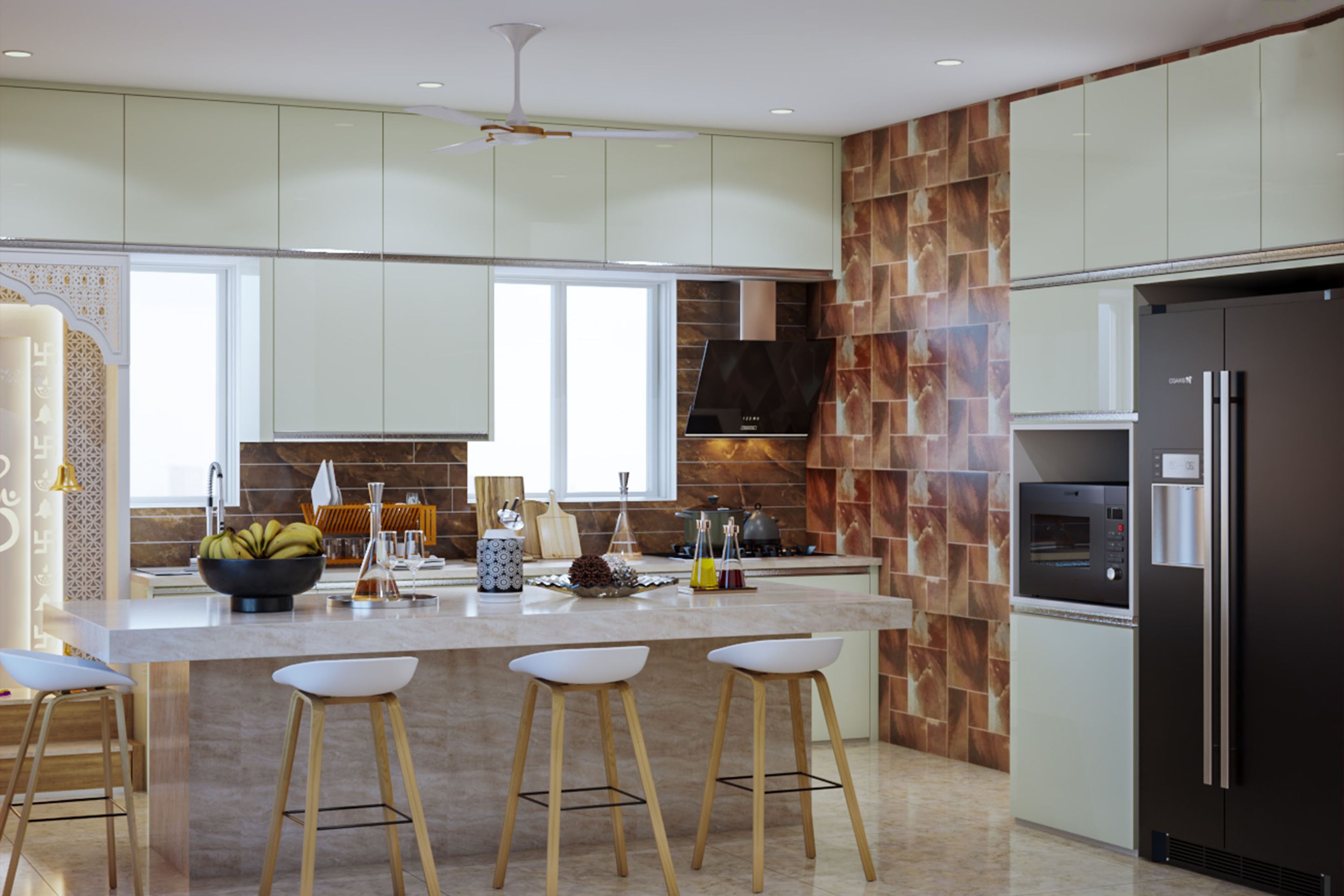 Champagne-Toned Island Kitchen Design With Quartz Kitchen Countertop ...